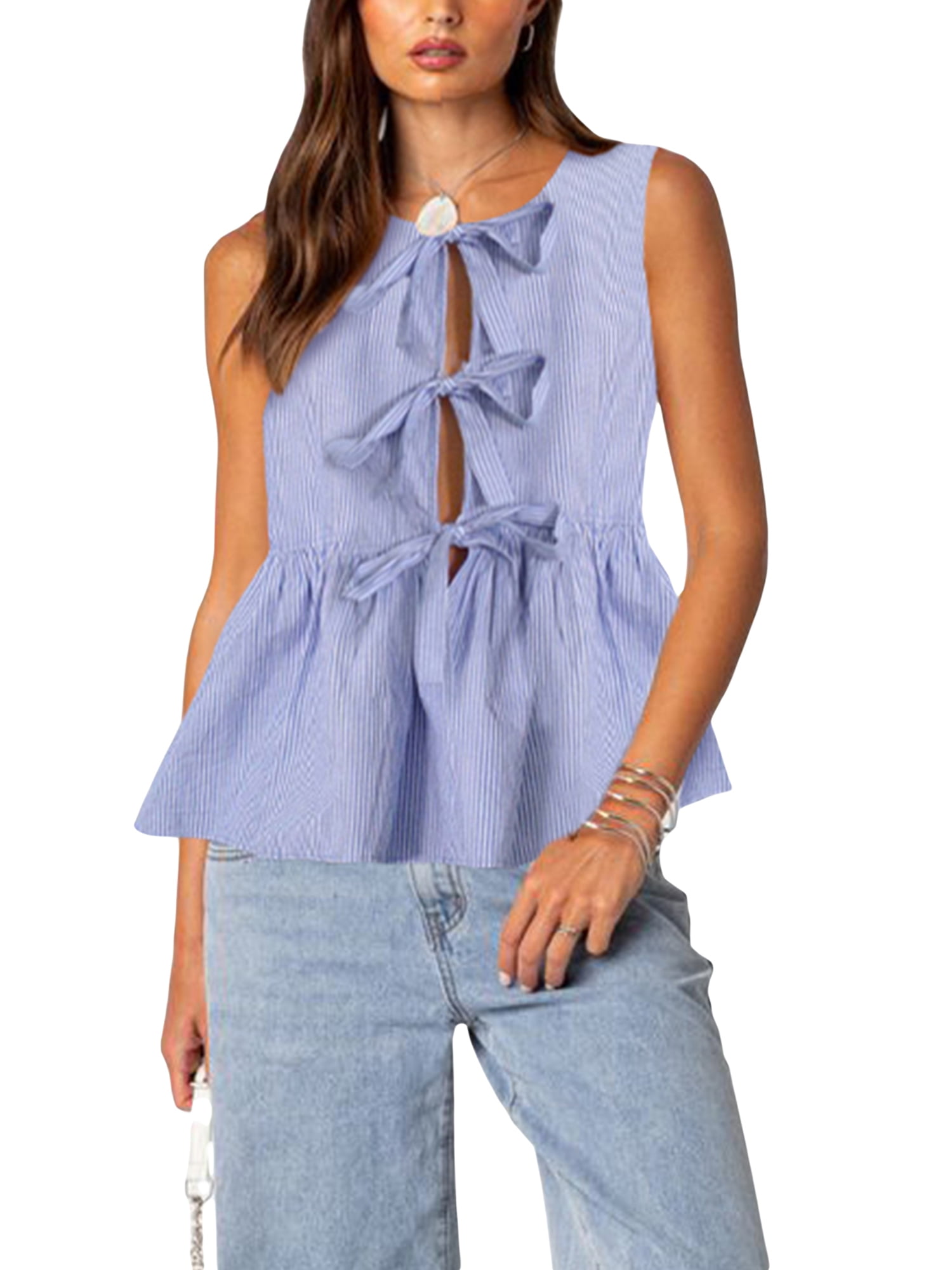Jusbysis Women's Summer Fashion Striped Vest Sleeveless Round Neck Bow ...
