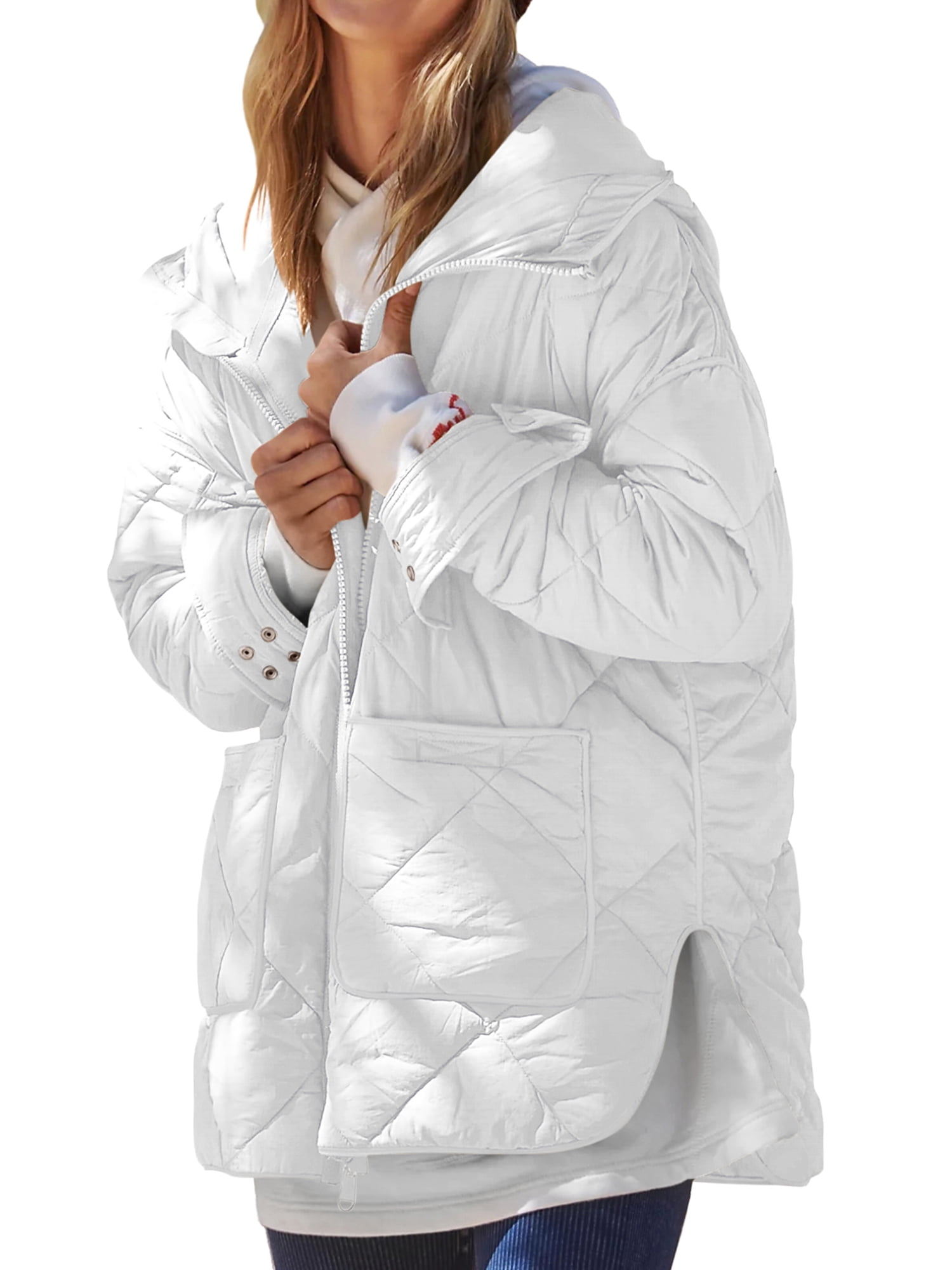 Jusbysis Womens Quilted Zip Up Jacket Solid Color Hooded Split Hem Long ...