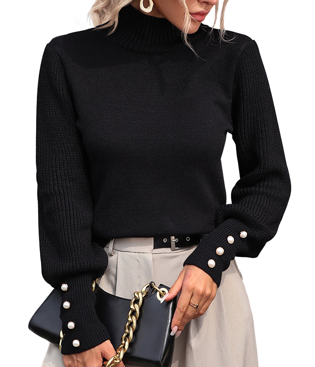 Jusfitsu Womens Turtleneck Sweater Lantern Long Sleeve Pullover Tops ...