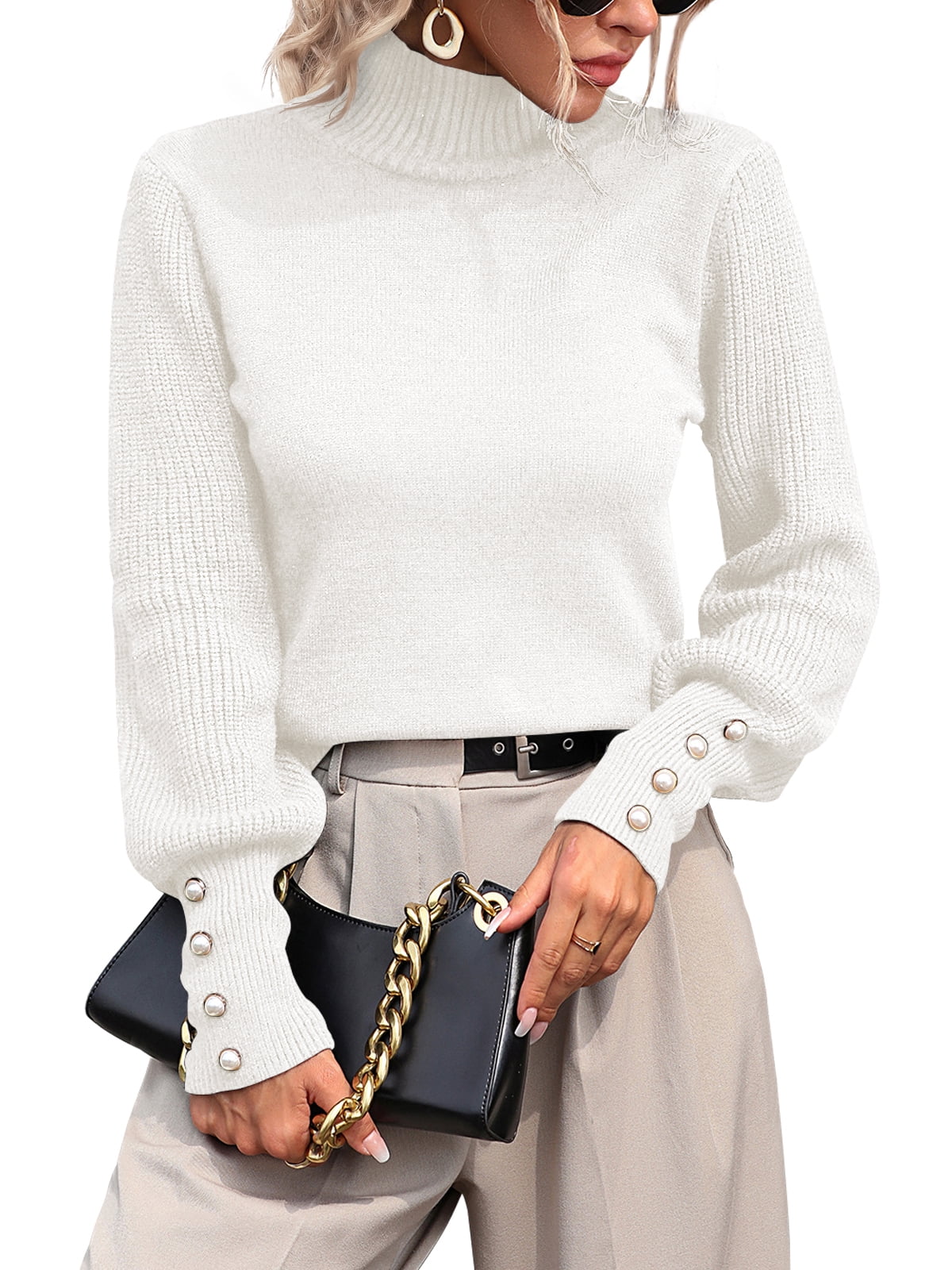 Jusfitsu Womens Turtleneck Sweater Lantern Long Sleeve Pullover Tops ...