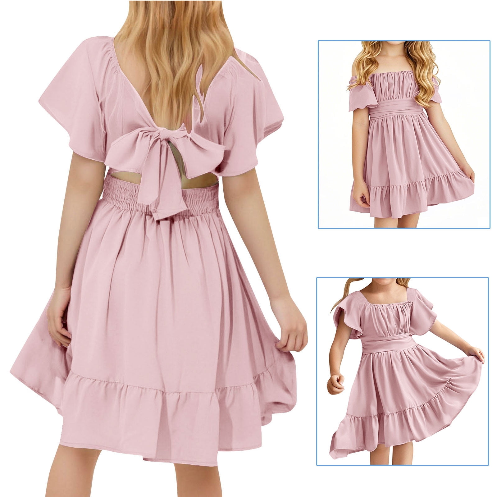 Juslio Girl Dresses Casual Short Sleeve Ruched Summer Beach A-line Knee ...