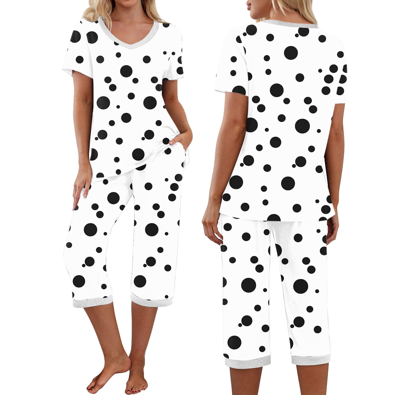 Juslio Ladies Pajamas with Pockets Homewear Print V-Neck Tops and ...