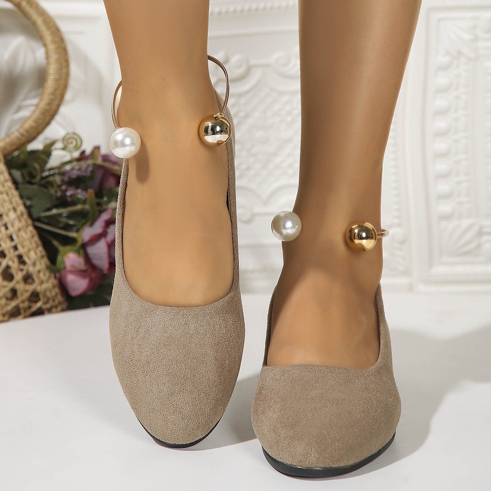 Juslio Shoes for Women Women's New Large Size Suede Pearl Hoop Shallow ...