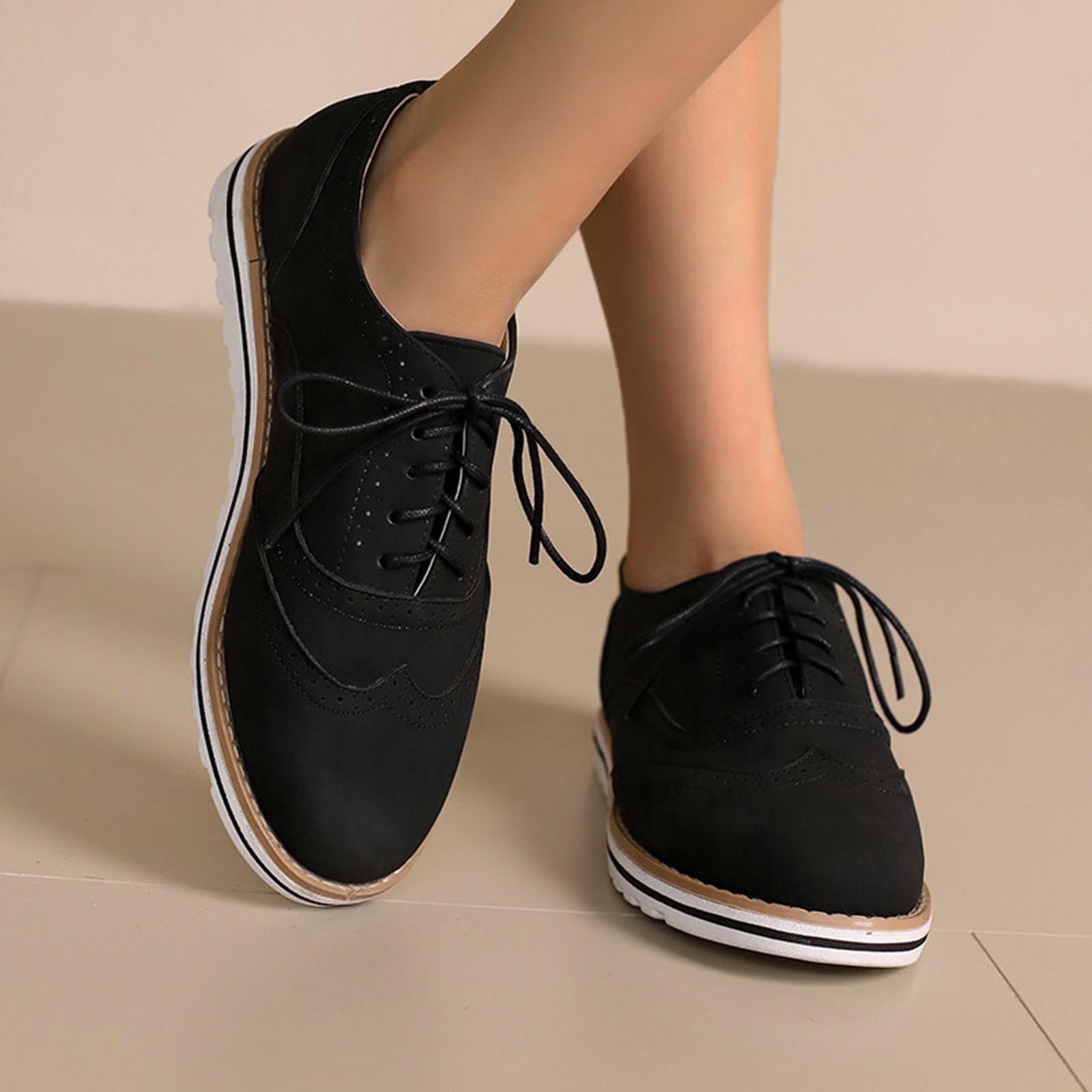 Juslio Women Shoes Women's Vintage Solid Color Round Toe Up Flat Heel ...