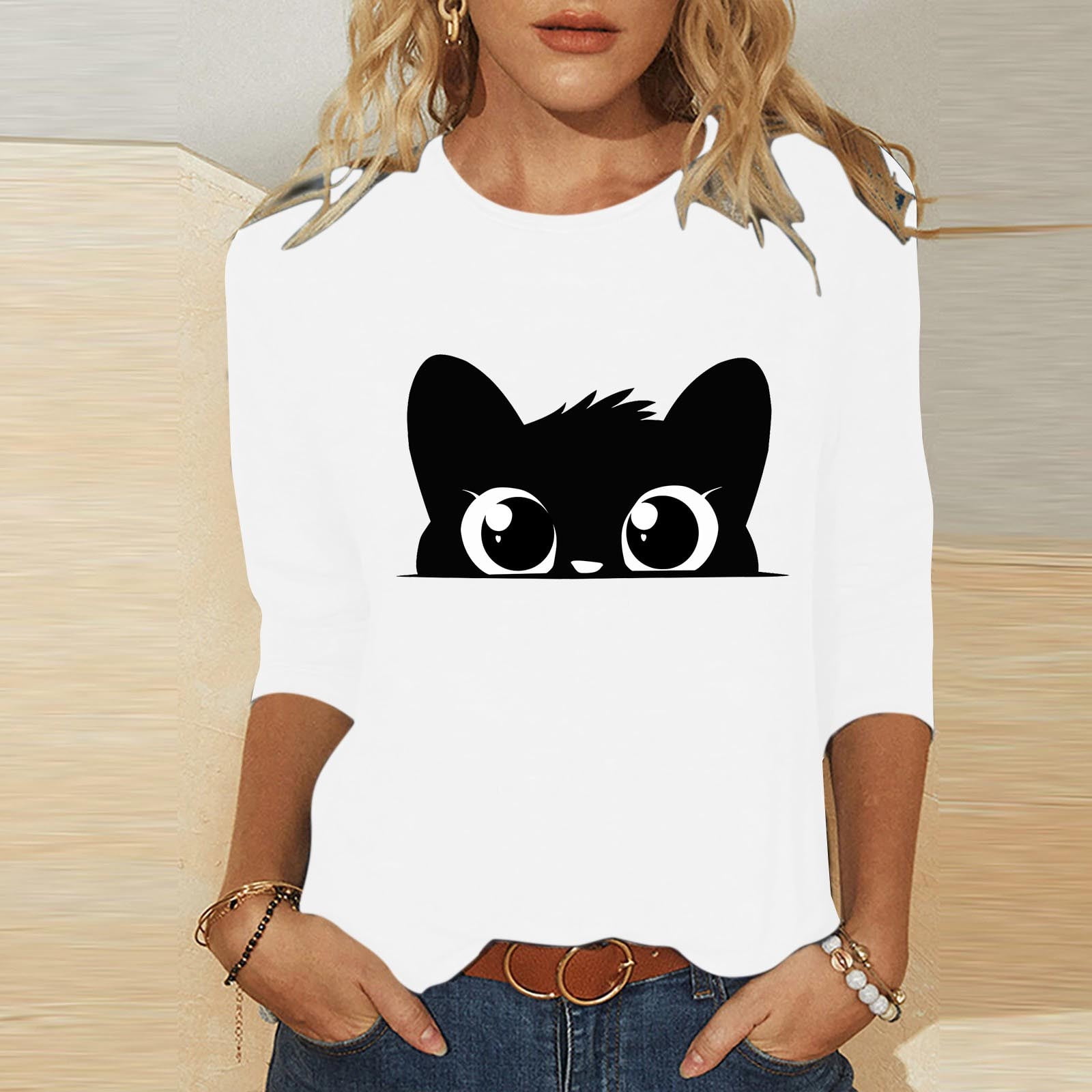 Juslio Womens Blouses Crew Neck 3/4 Sleeve Tops Print Graphic Tops ...