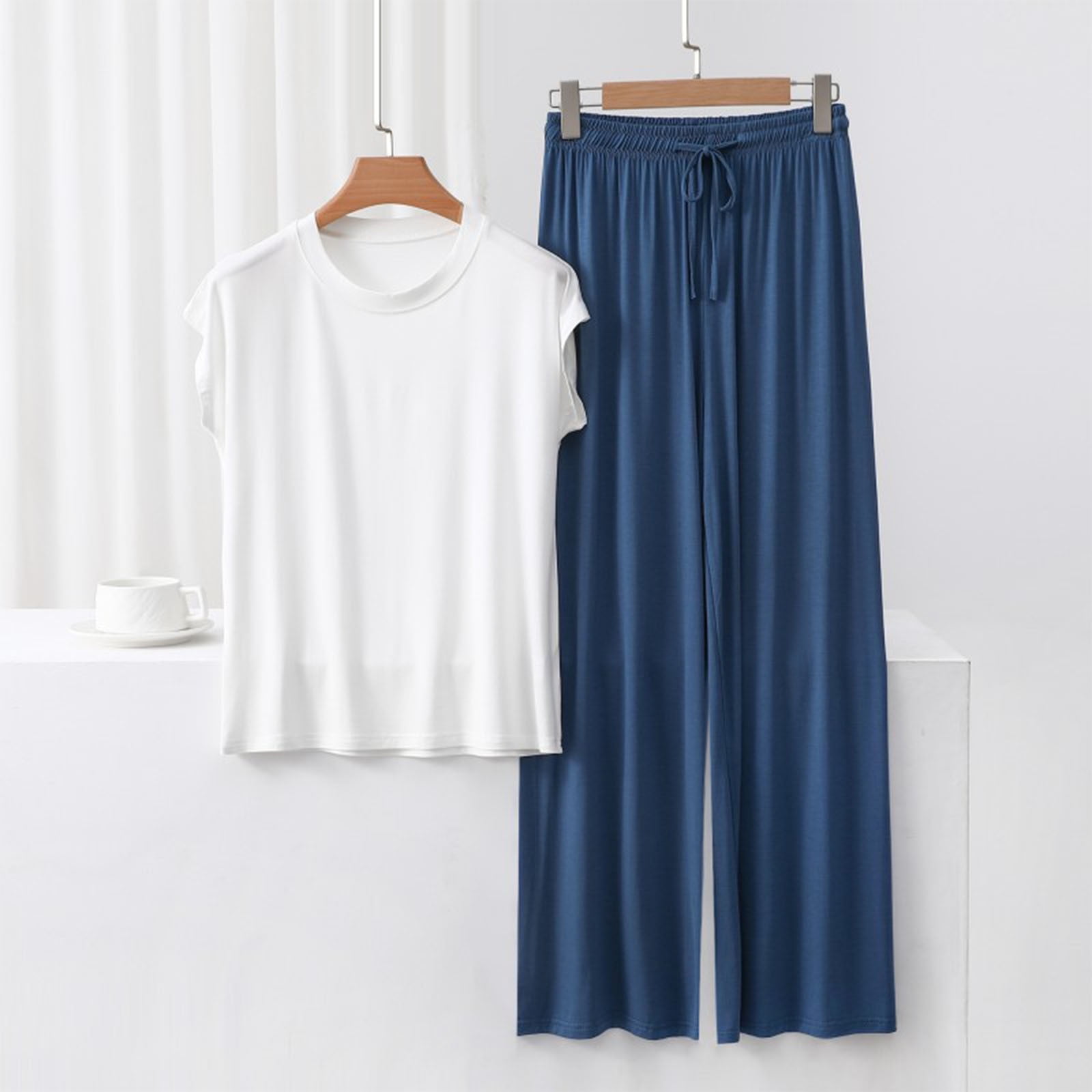 Juslio Womens Pajama Sets Solid Homewear Fashion Modal V-Neck Tops and ...