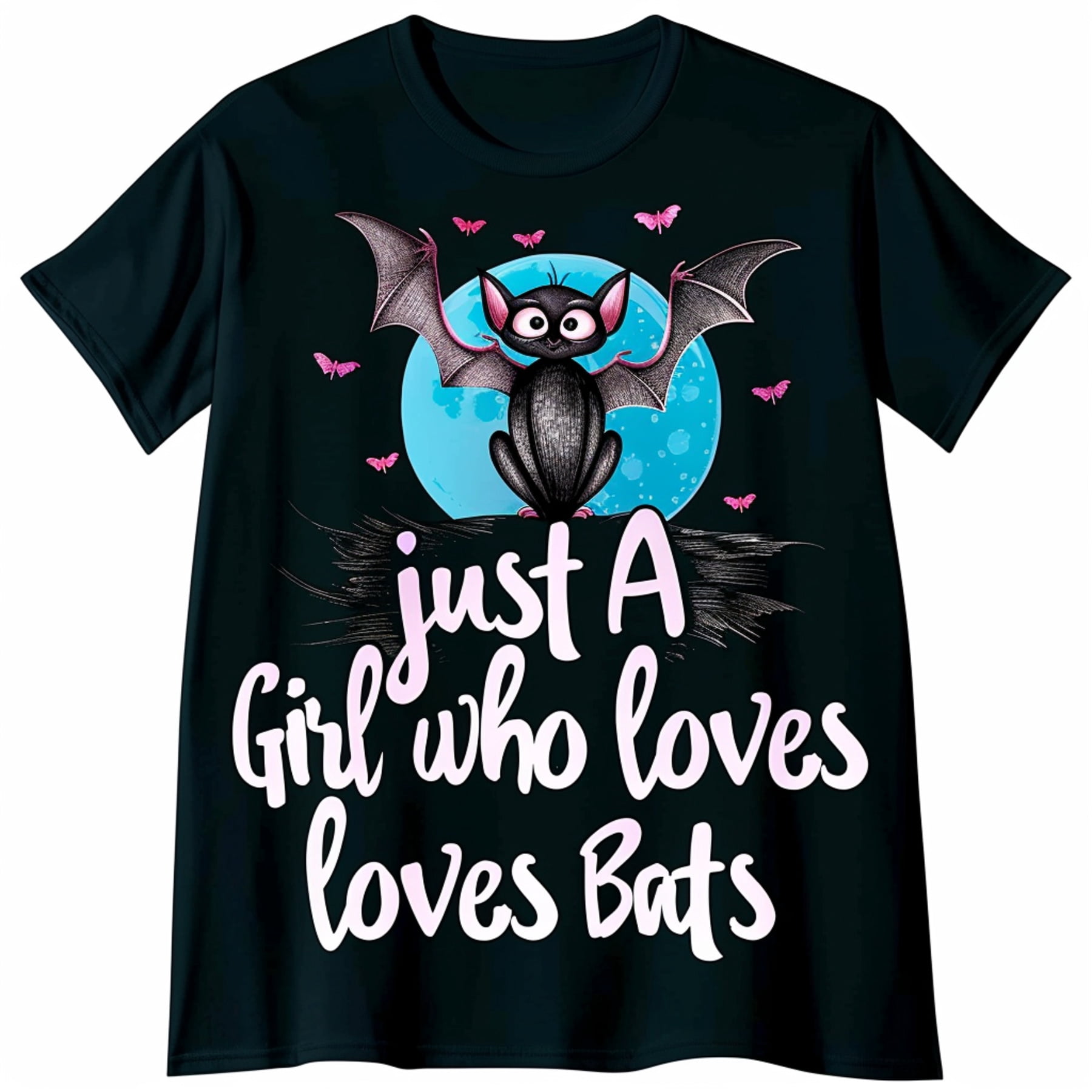 Just A Girl Who Loves Bats Cute Cartoon Bat Design on Black T Shirt ...