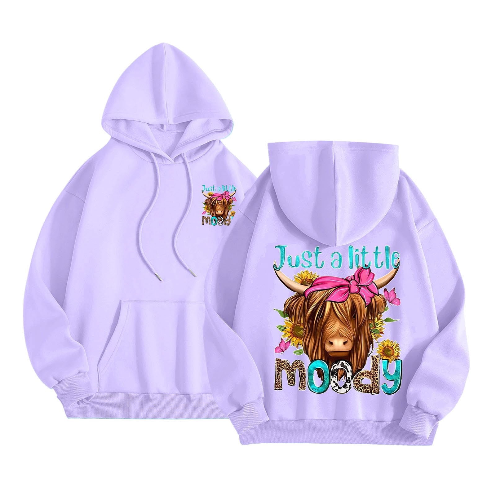 Just A Little Moody Sunflower Highland Cow Hoodie Color: Purple Size: L ...