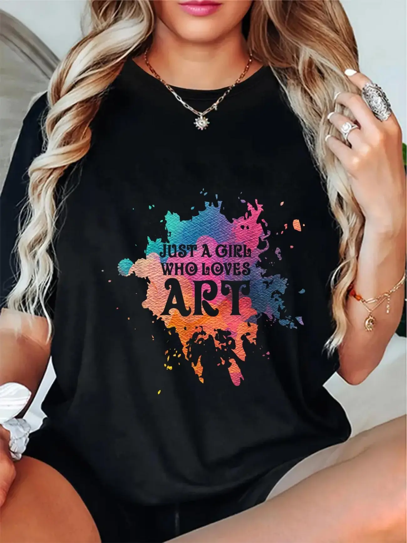 Just A Who Loves Art Graphic T-Shirt - Black Artist Tee with Colorful ...