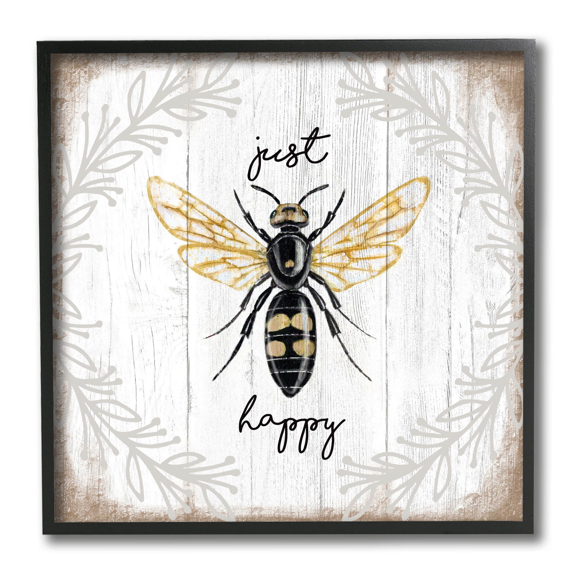 Just Be Happy Charming Rustic Bee Pun 12 in x 12 in Framed Painting Art ...