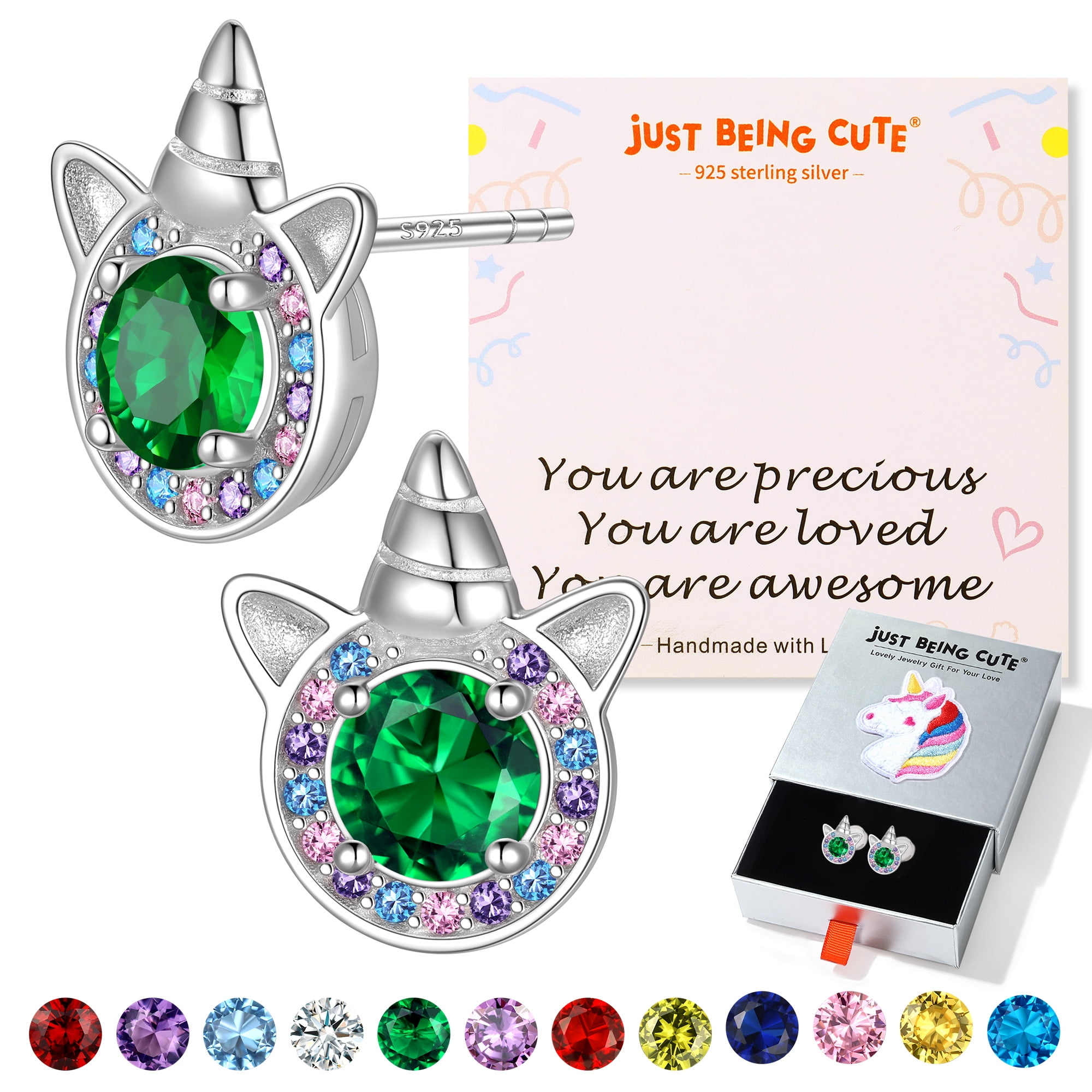 JustBeingCute Unicorn Earrings for Teen Girls with Created Emerald, Plated Sterling Silver Stud ...