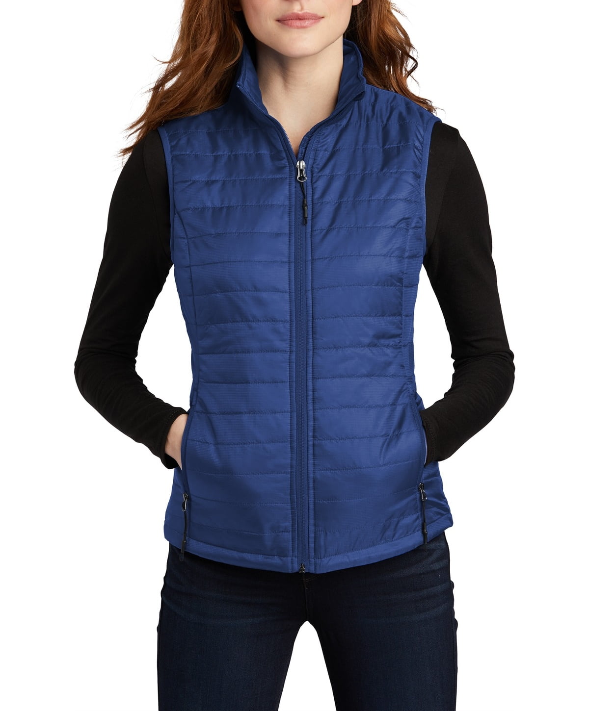 Just Blanks Ladies Packable Puffy Vest Front Zippered Pockets Adjustable Locking Drawcord at Hem ...