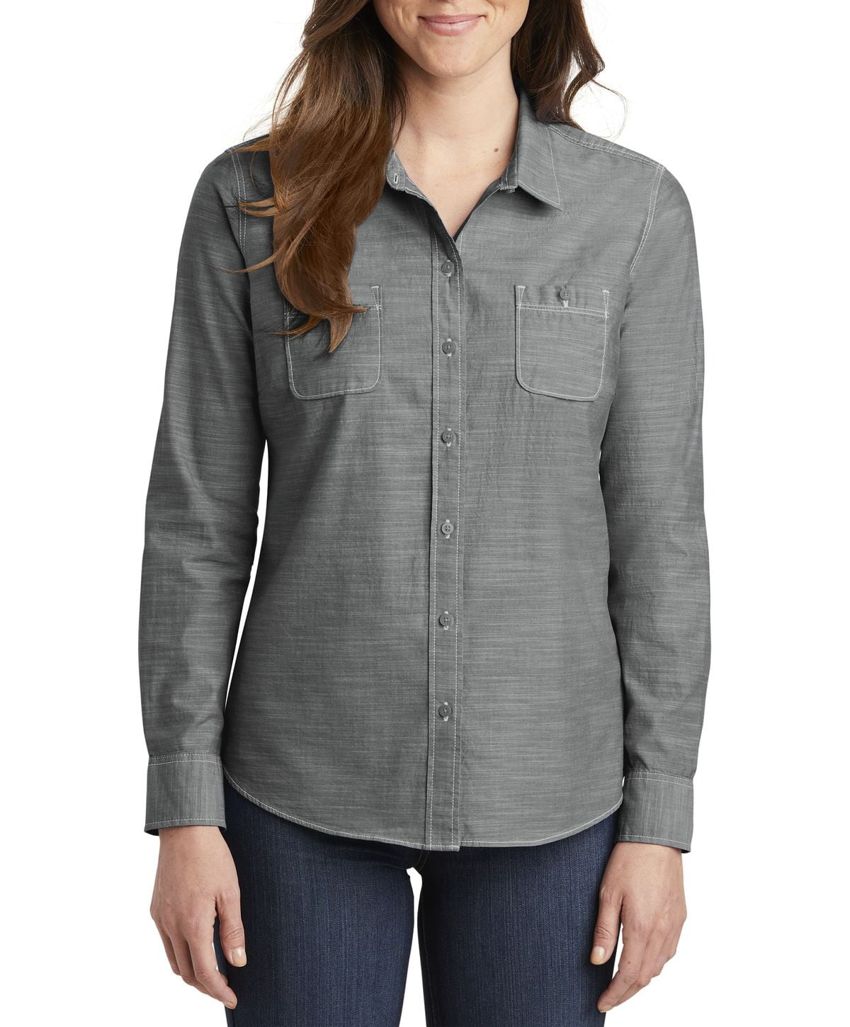 Just Blanks Ladies Slub Chambray Shirt Pearlized Buttons Double Chest ...