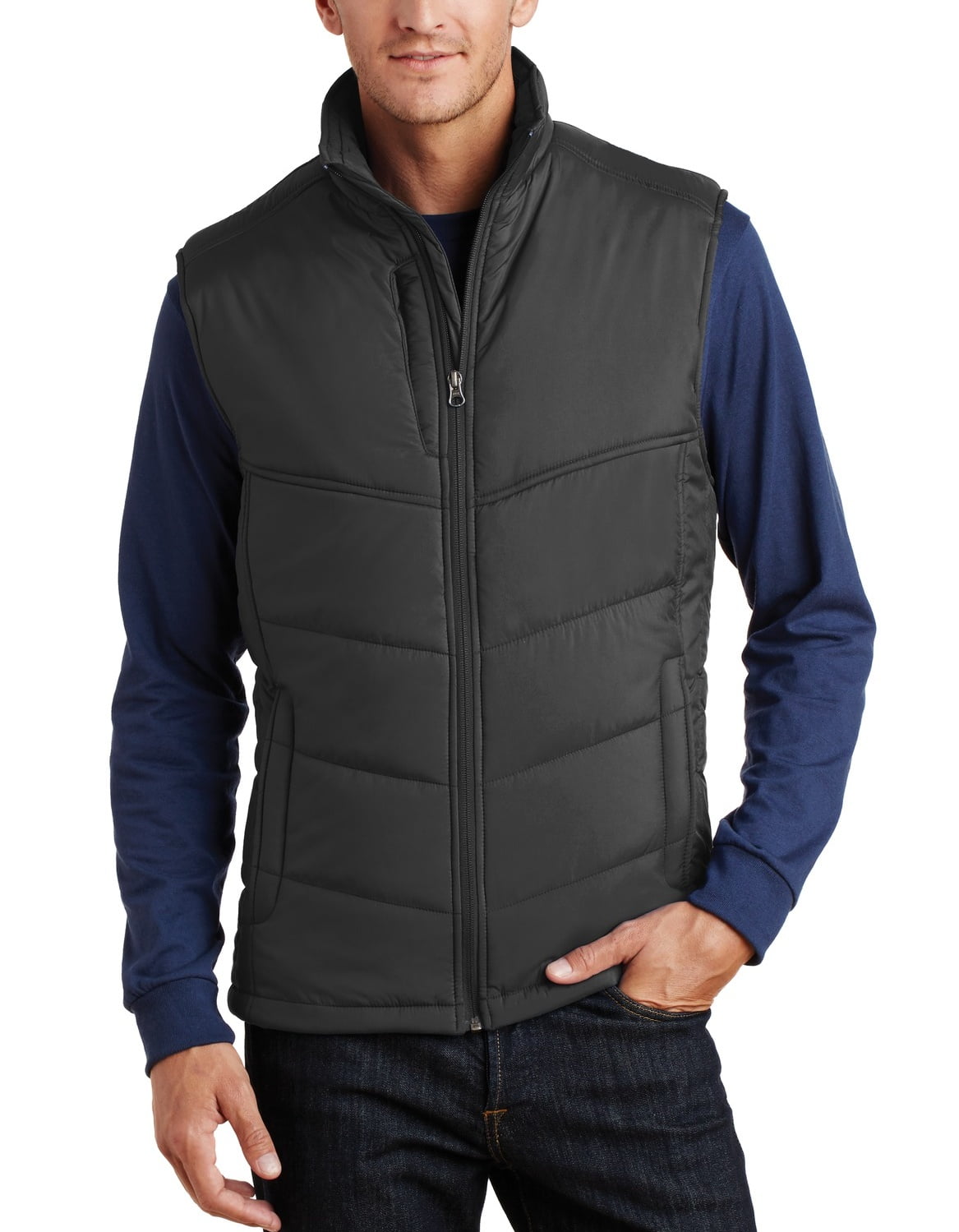 Just Blanks Puffy Vest Zip-Through Cadet Collar Hidden Zippered Chest ...