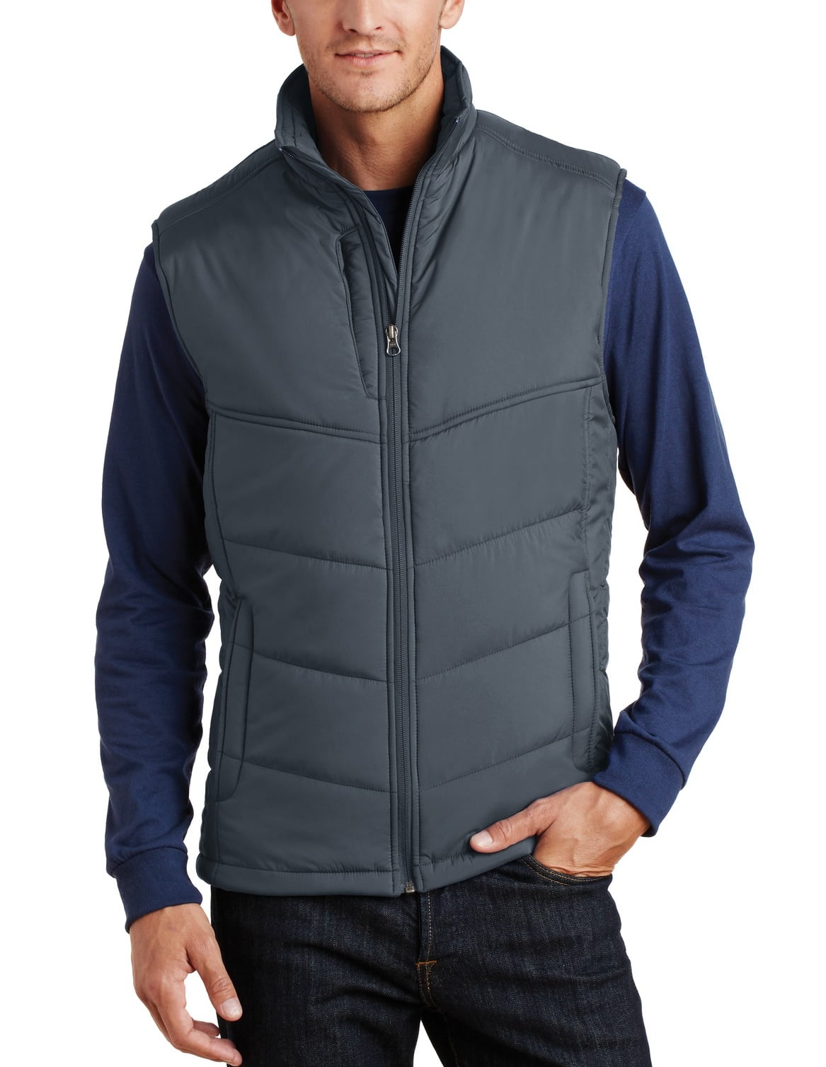 Just Blanks Puffy Vest Zip-Through Cadet Collar Hidden Zippered Chest Pocket, Dark Slate/Black ...