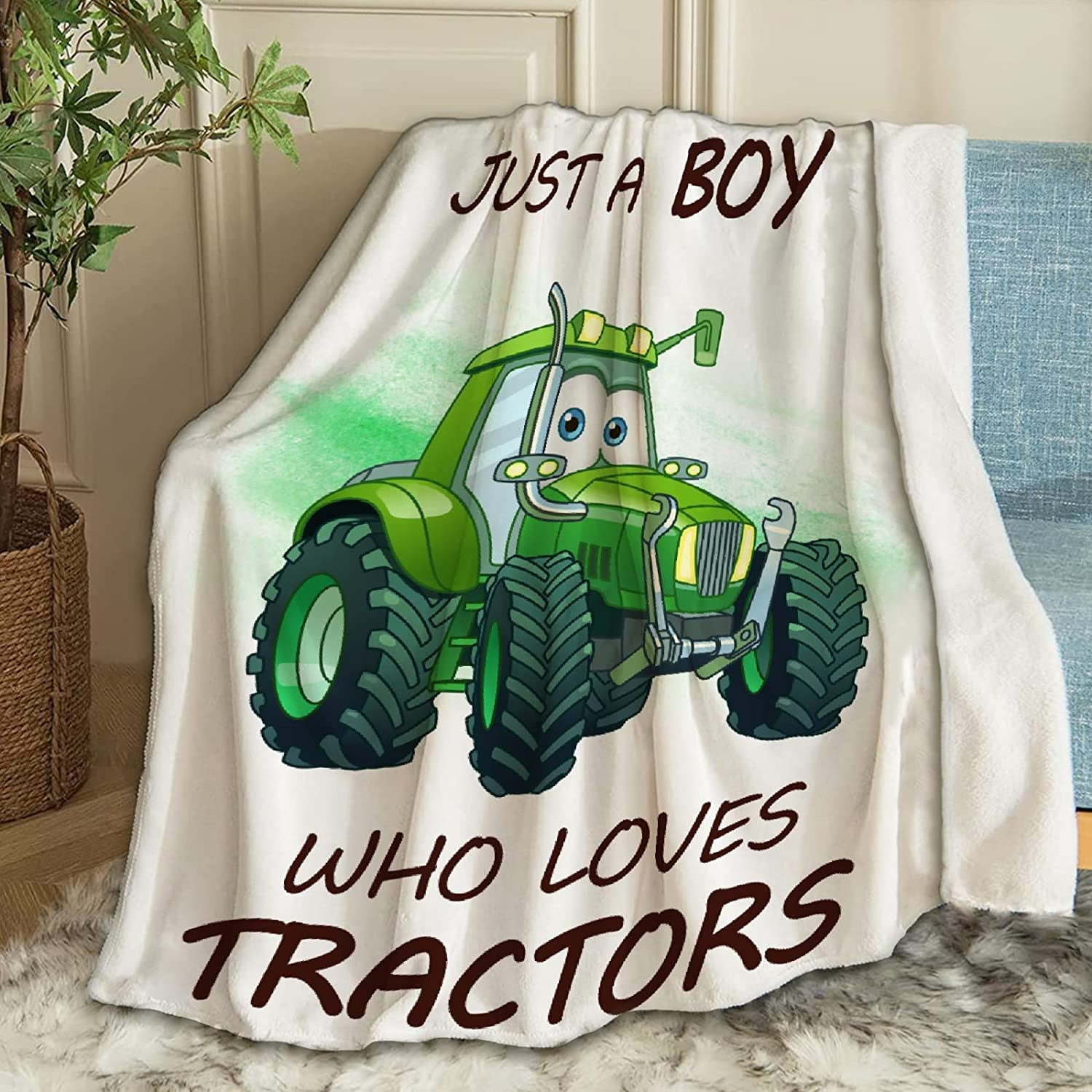 Just A Boy Who Loves Tractors Throw Blanket Fannel Fleece Microfiber ...