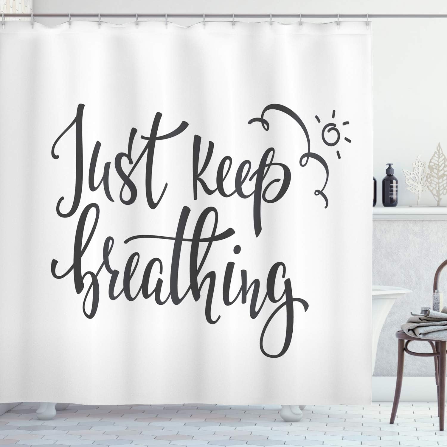 Just Breathe Shower Curtain, Keep Breathing Phrase Hand Writing Sun and ...