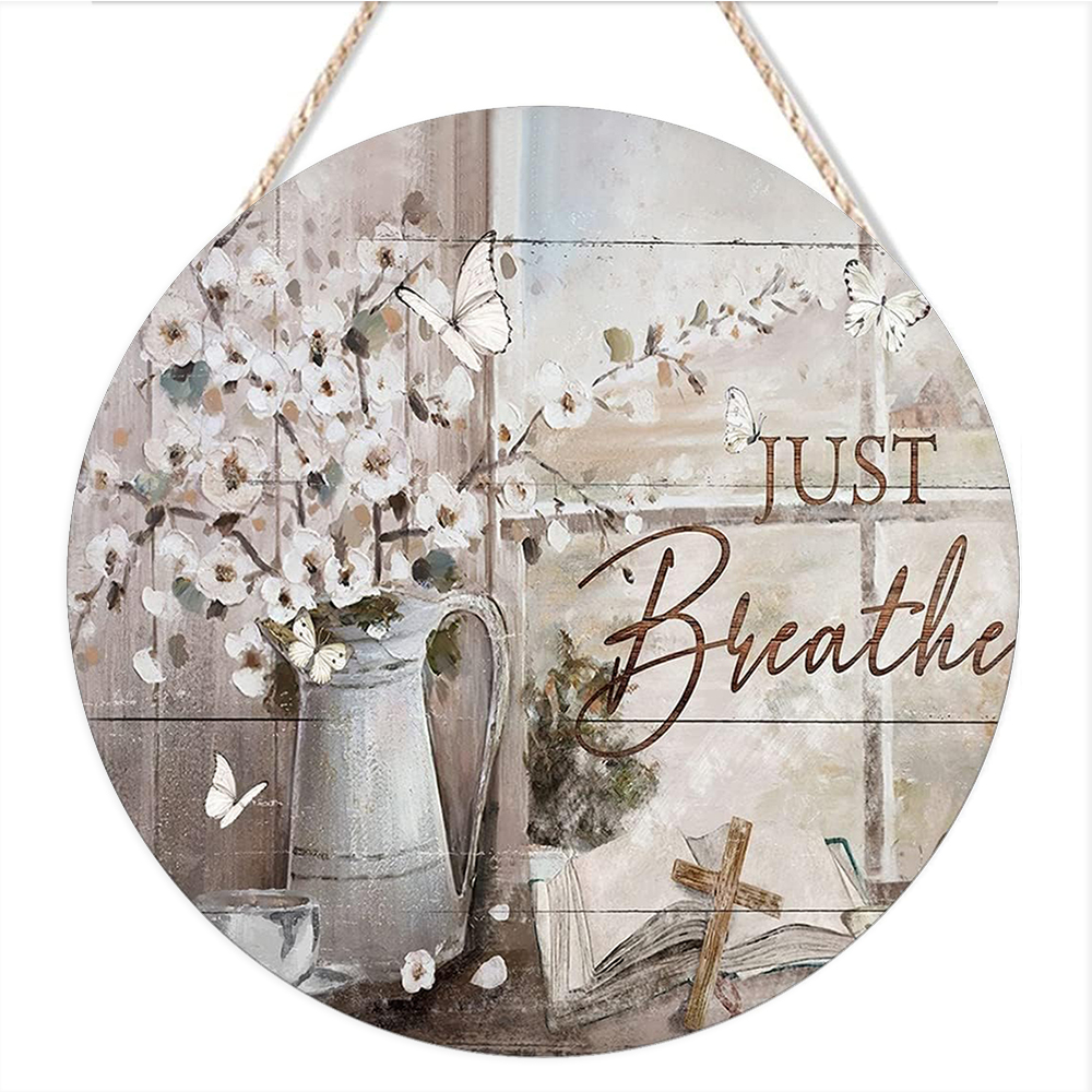 Just Breathe Vintage Bible Cross Round Hanging Wood Sign Rustic Wreath ...