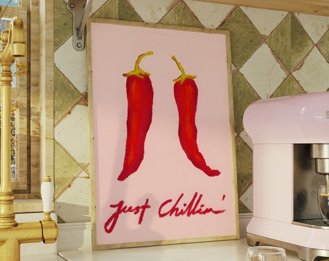 Just Chillin Print, Chilli Poster, Retro Kitchen Wall Art, Trendy Kitchen Art, Aesthetic Kitchen ...