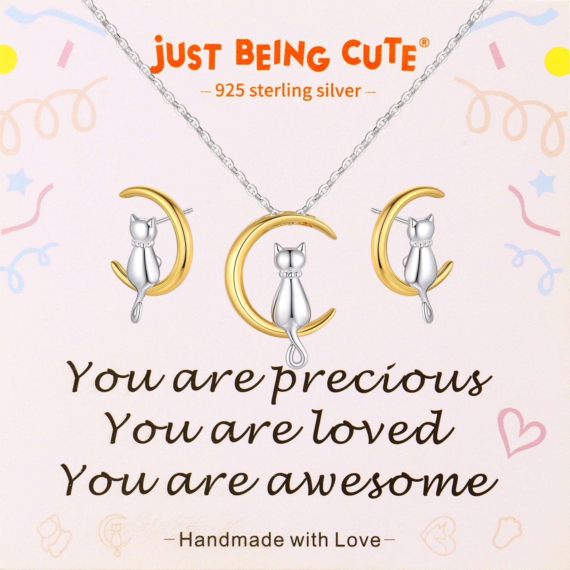 Just Being Cute Cat Necklace and Earrings Set for Women, 925 Sterling ...
