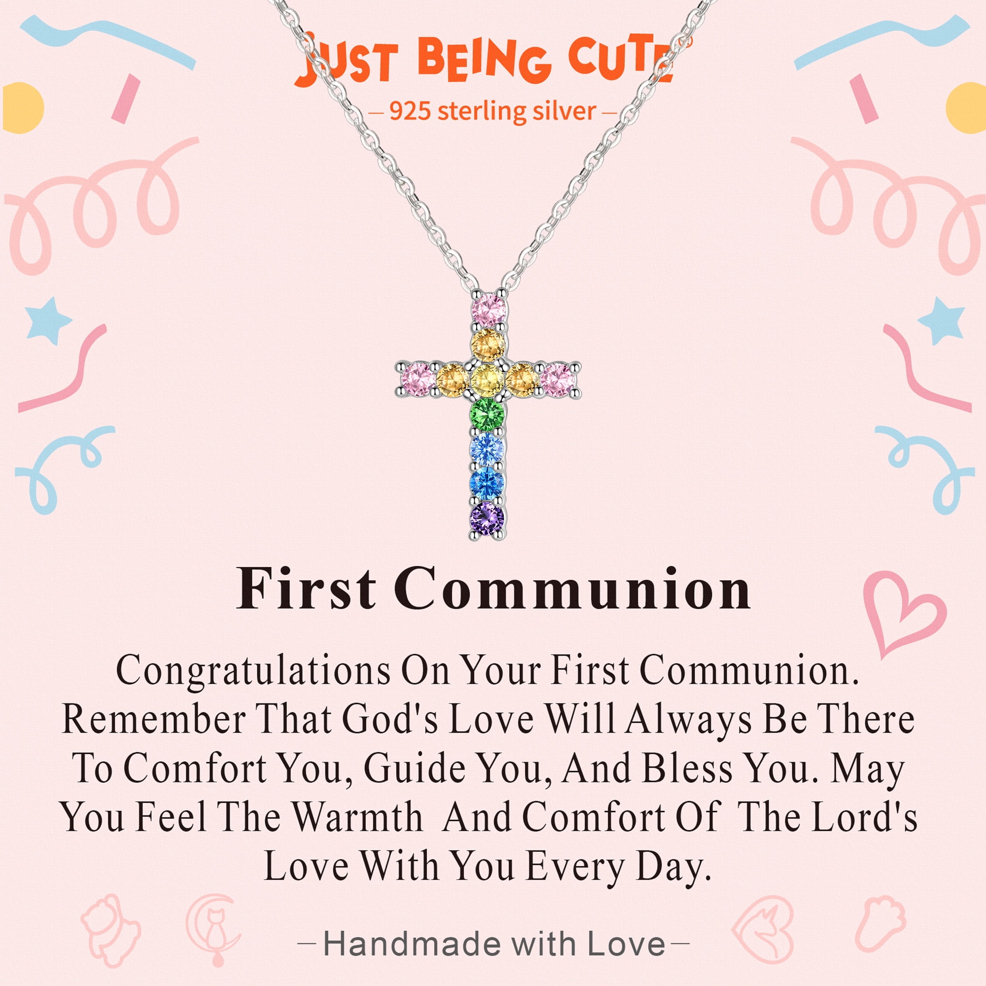 JustBeingCute Silver Cross Necklace for Girls, First Communion Colorful ...