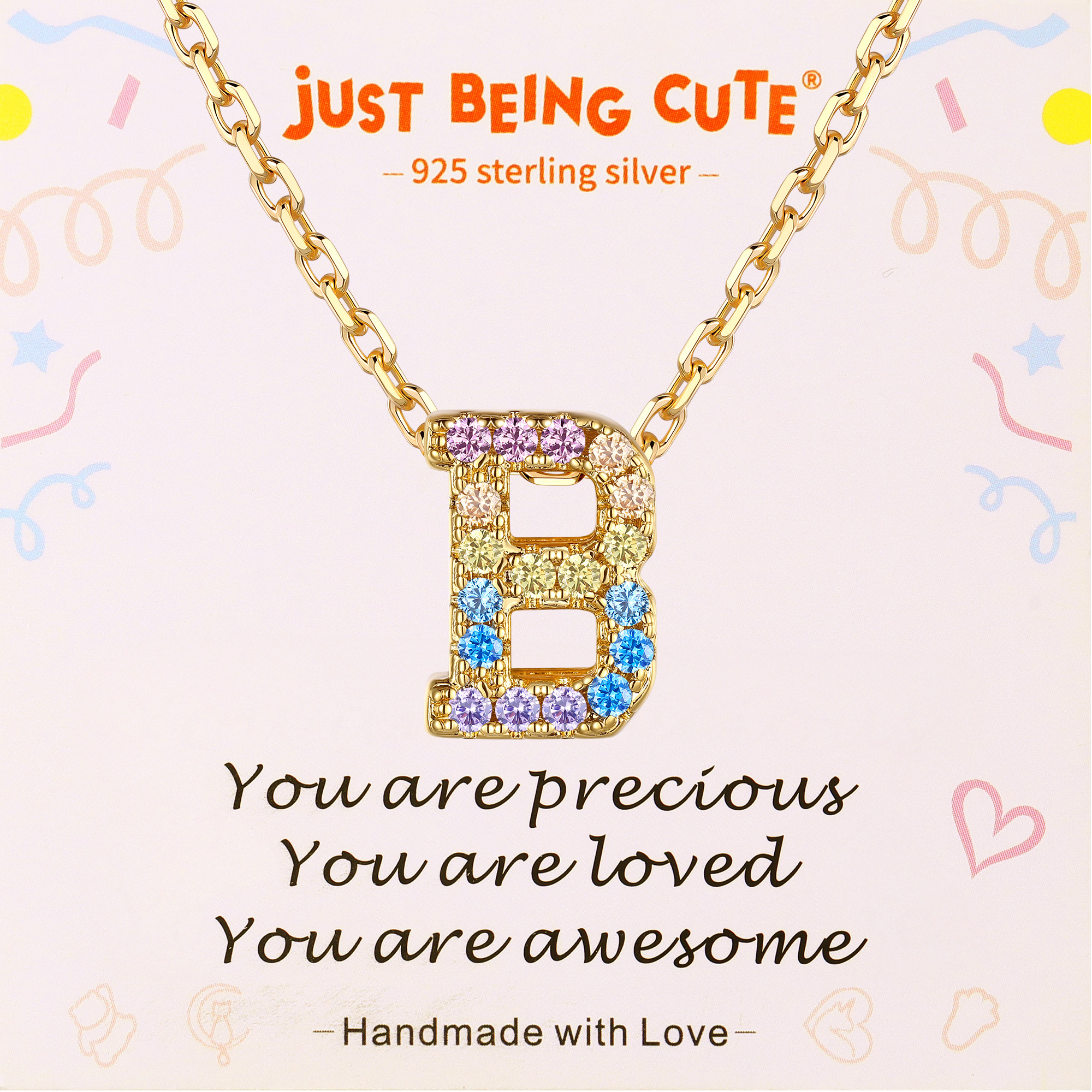 Just Being Cute Initial Necklaces for Women Rainbow Cubic Zirconia ...