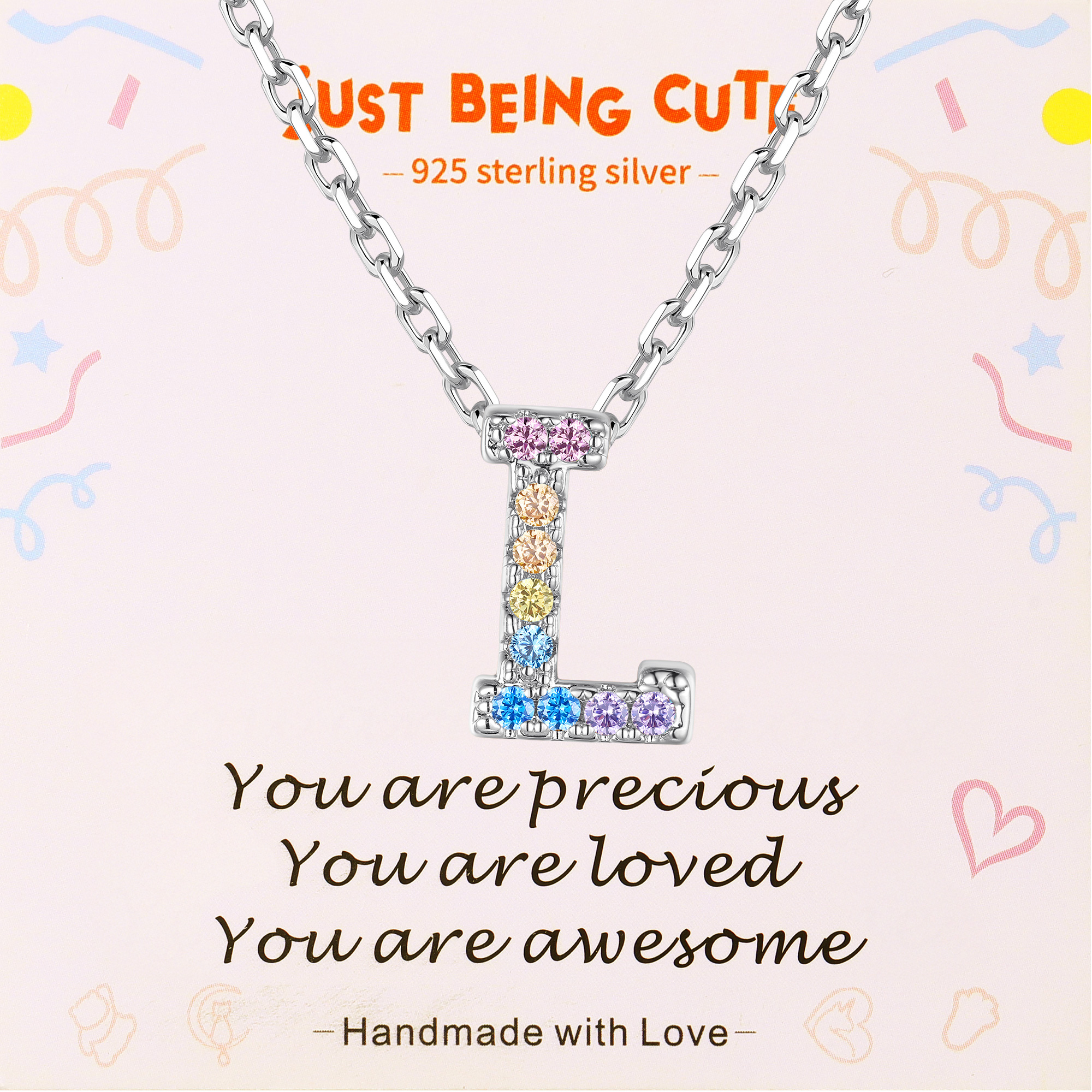 Just Being Cute Initial Necklaces for Women Rainbow Cubic Zirconia ...
