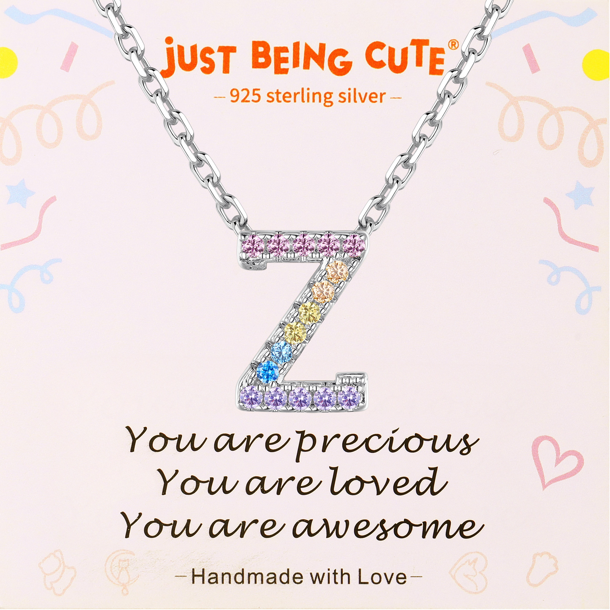 Just Being Cute Initial Necklaces for Women Rainbow Cubic Zirconia ...