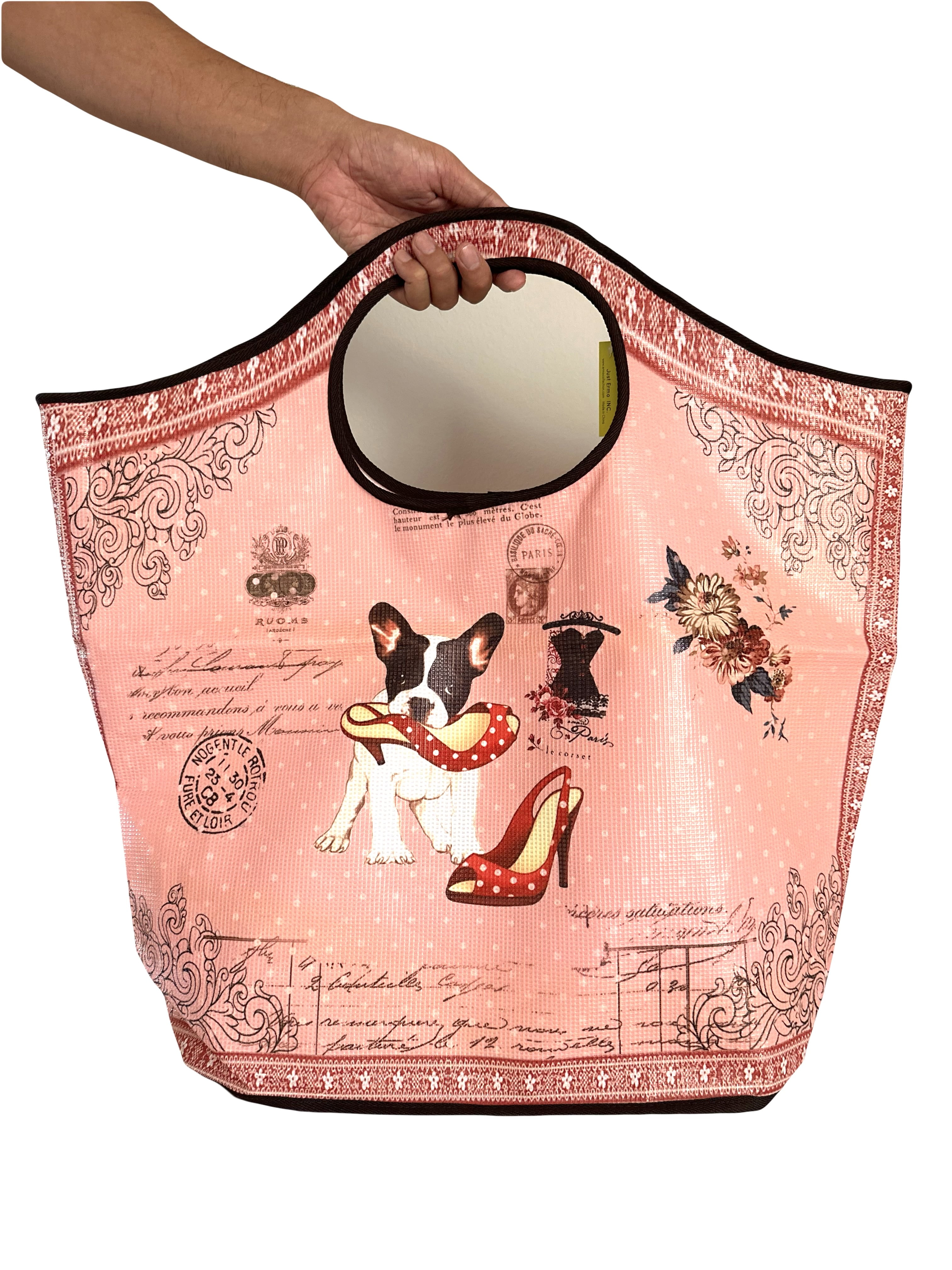 Just Ermo Pink Tote Bag - Large Puppy Holding High Heels Shopping Bag ...