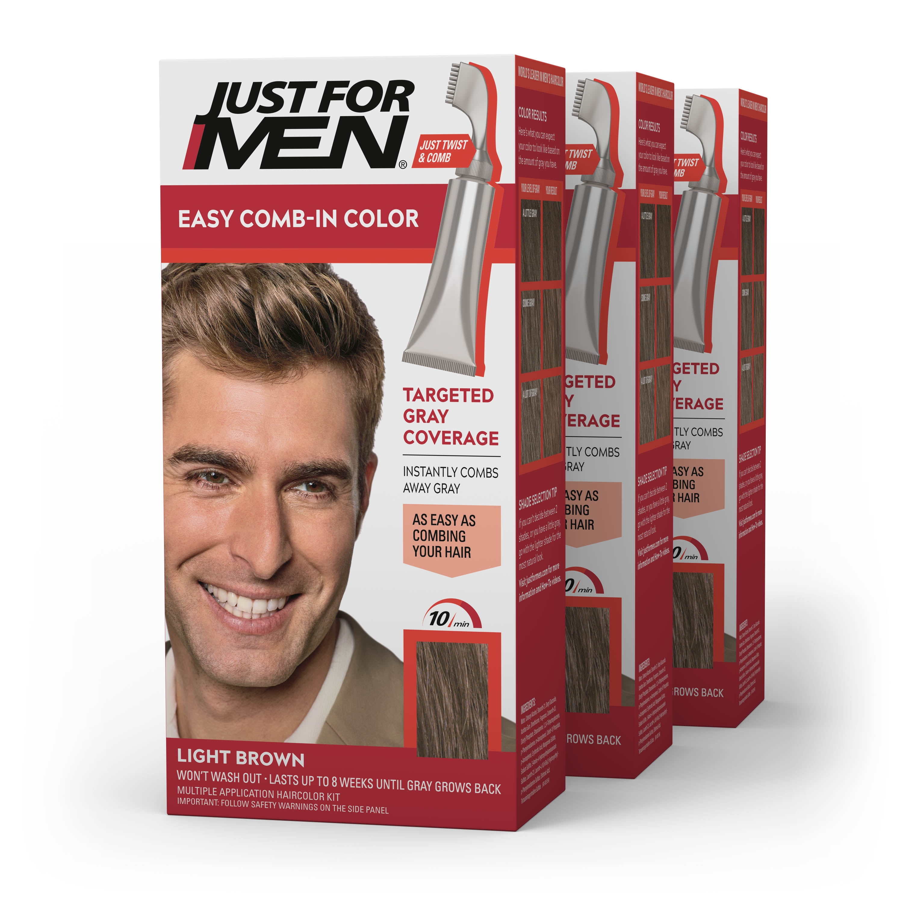 Just For Men Easy Comb-In Hair Color for Men Light Brown 3 Pack Gray ...
