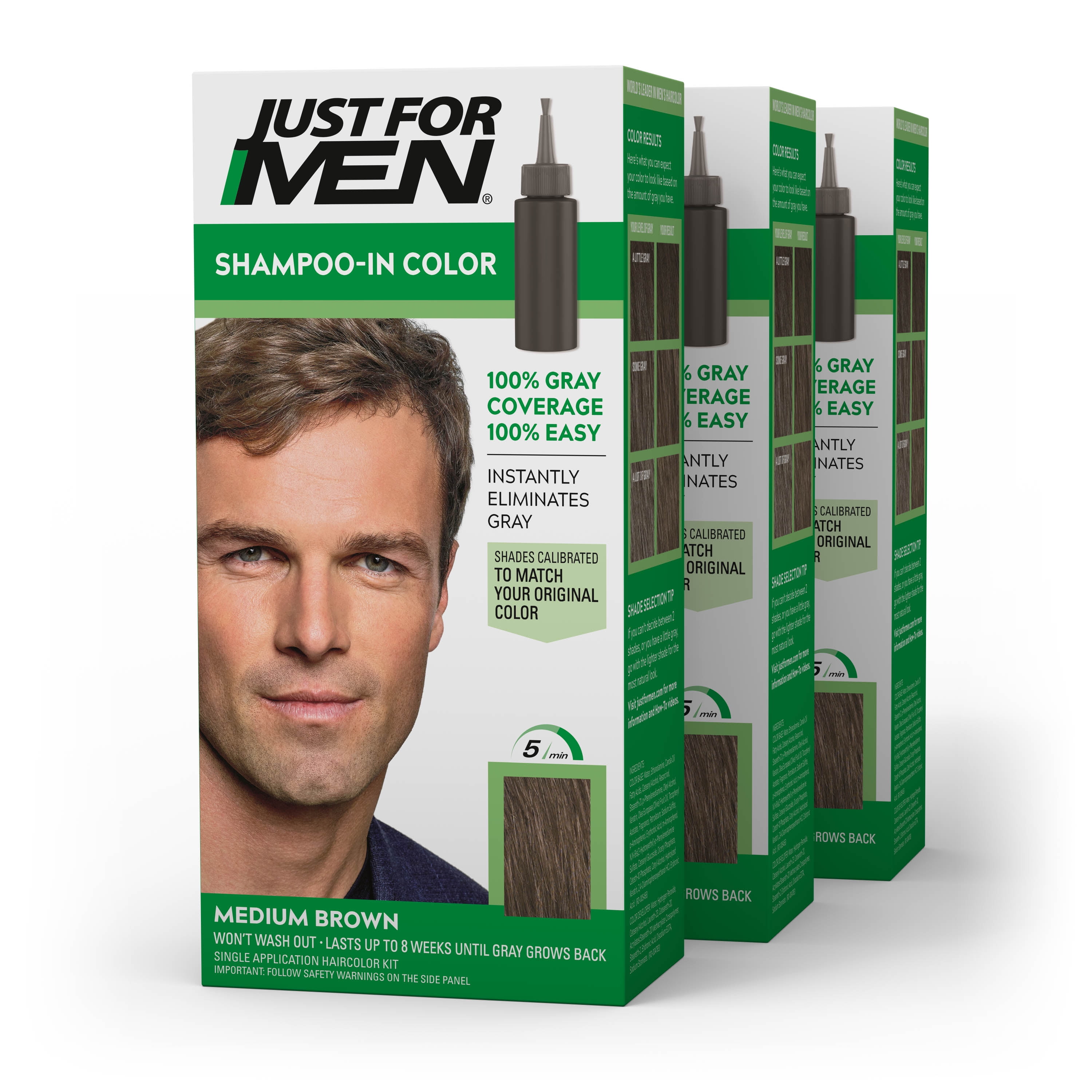 Just For Men, Shampoo-in Hair Dye for Men, H-35 Medium Brown, 3 Pack ...