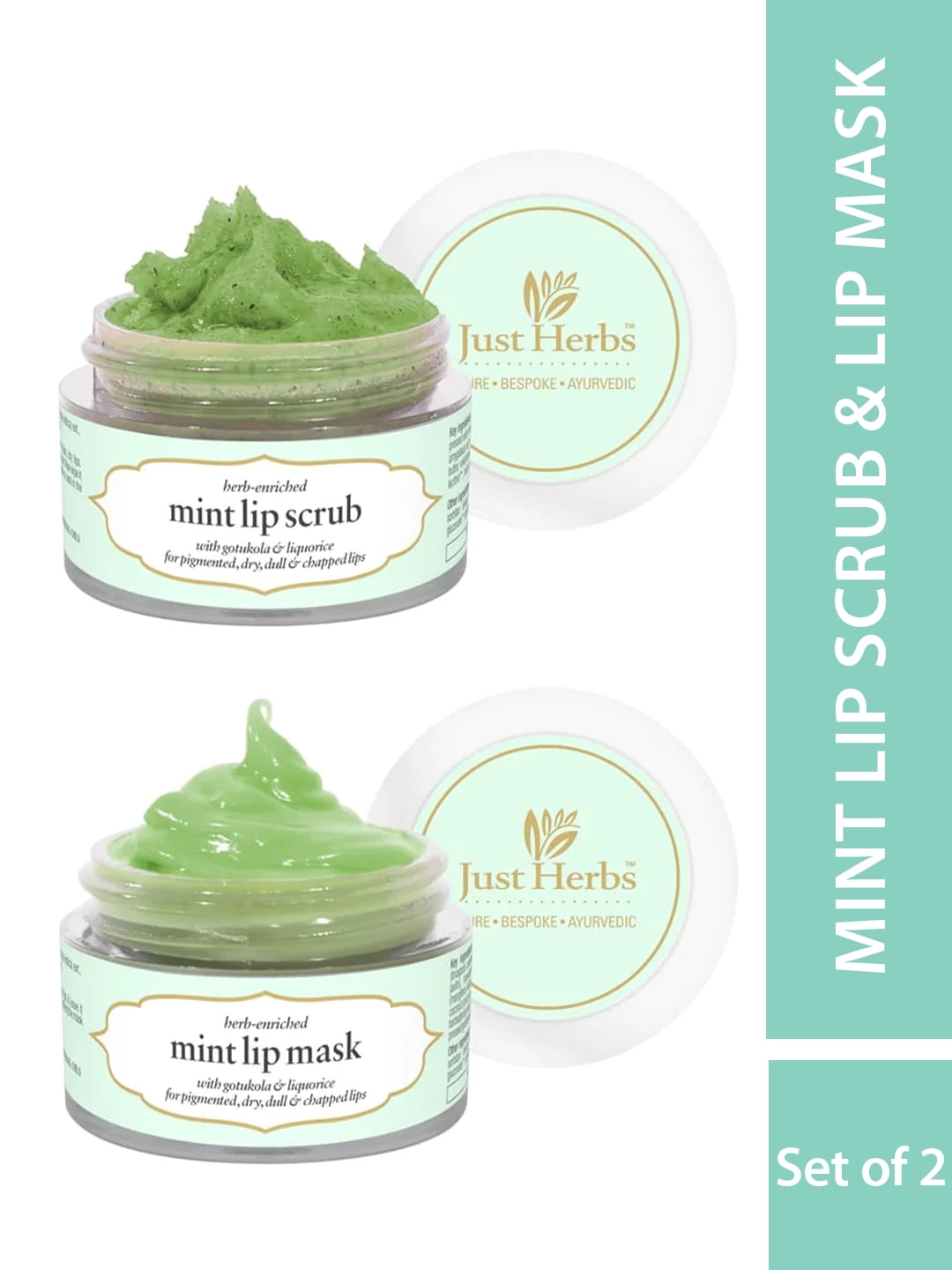 Just Herbs Ayurvedic & Vegan Mint Lip Scrub & Lip Mask duo pack for Chapped, Pigmented & Dark ...