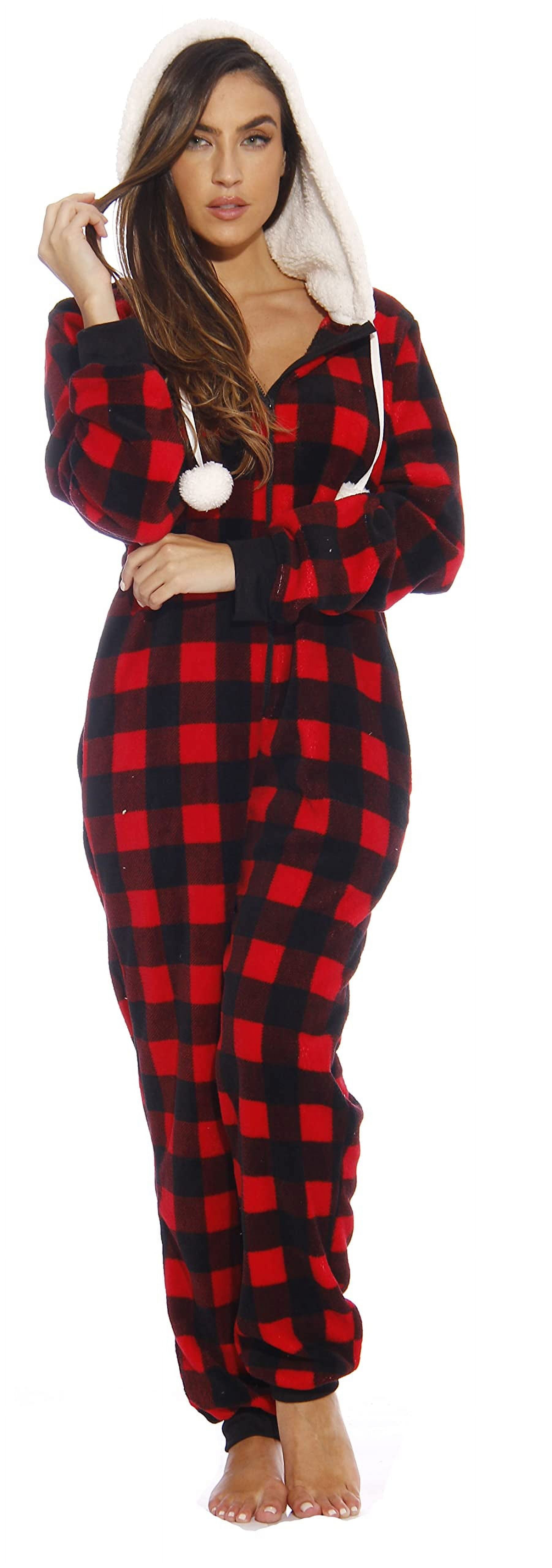Just Love Buffalo Plaid Adult Onesie Sherpa Lined Hoody One Piece ...