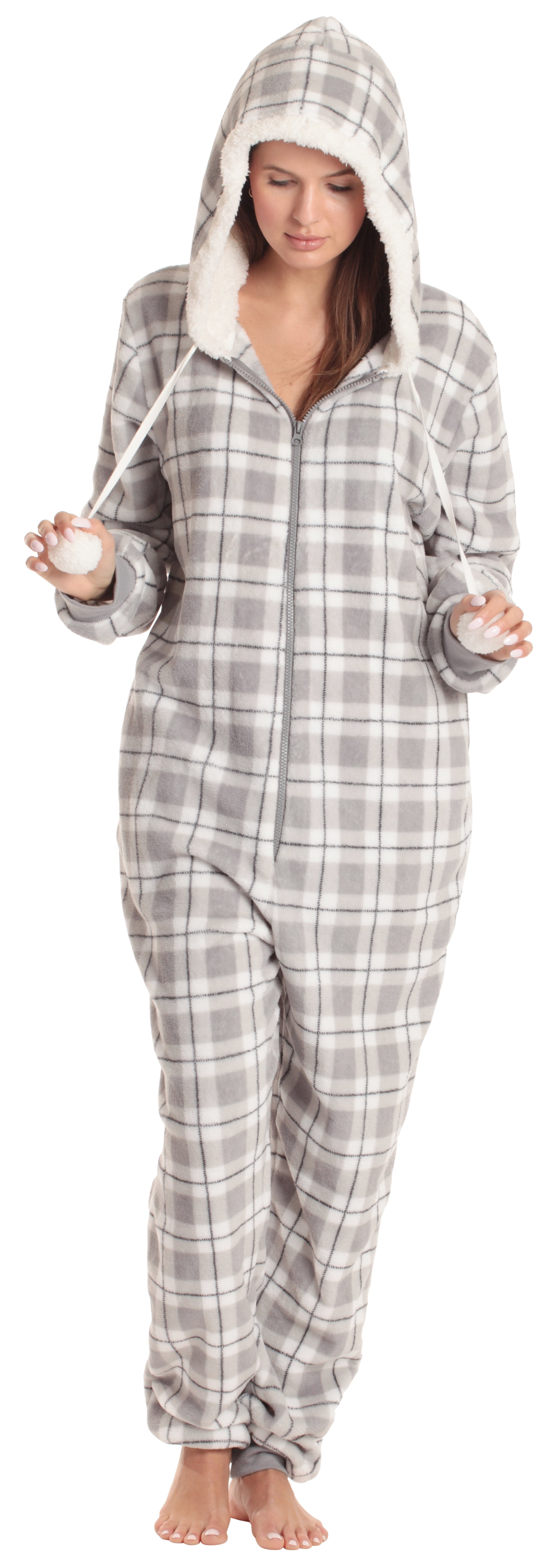 Just Love Christmas Print Pom Pom Adult Bodysuit (Plaid - Grey, XX ...