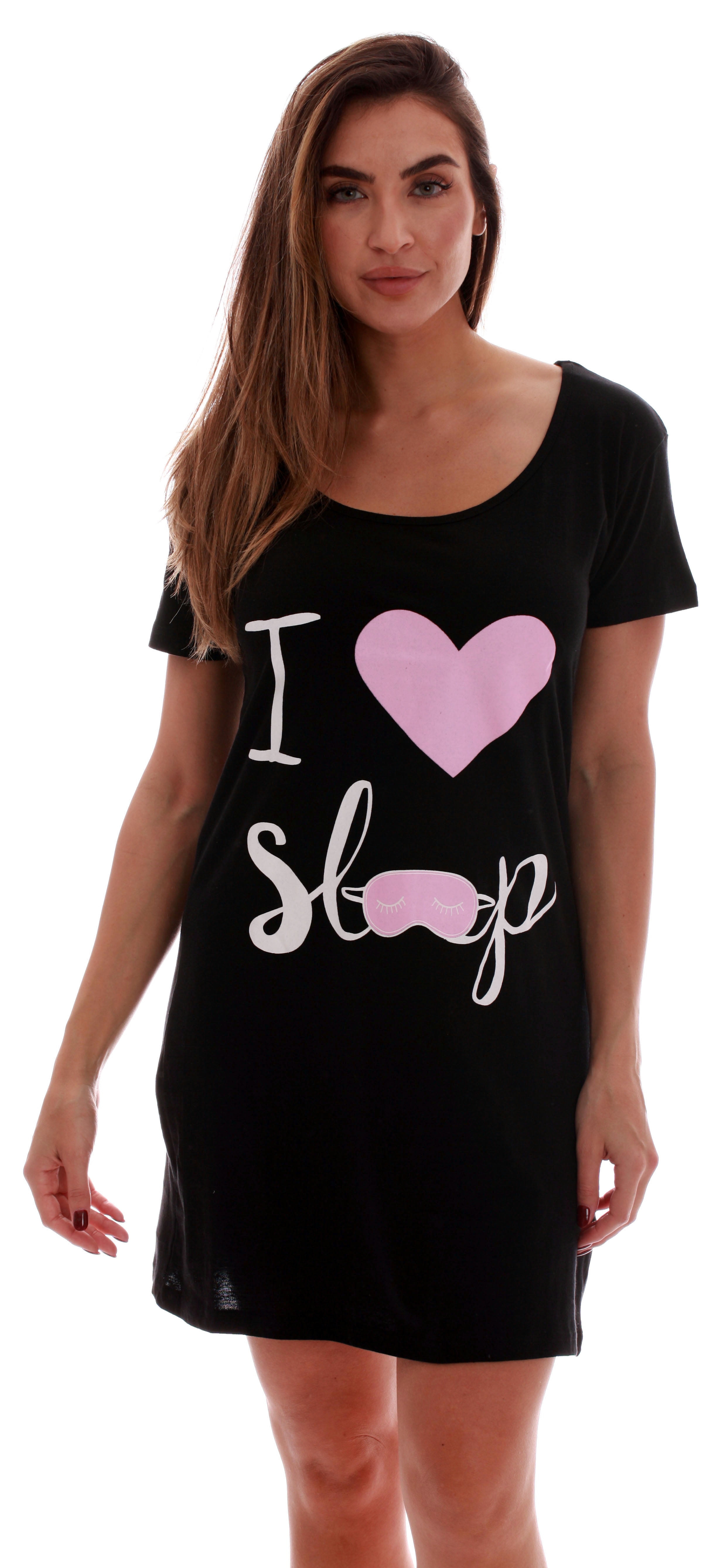 Just Love Long Cotton Nightshirts for Women (Black - I Love Sleep Mask ...