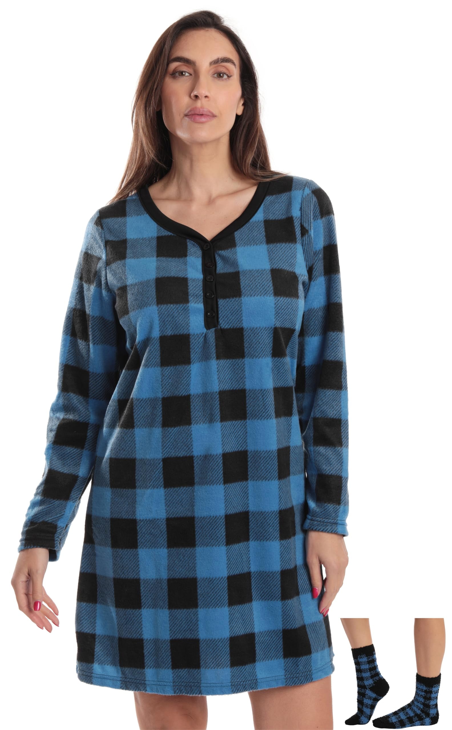 Just Love Henley Night Shirt with Socks for Women 6731-10195-MNT-2X (Buffalo Plaid - Blue Black ...