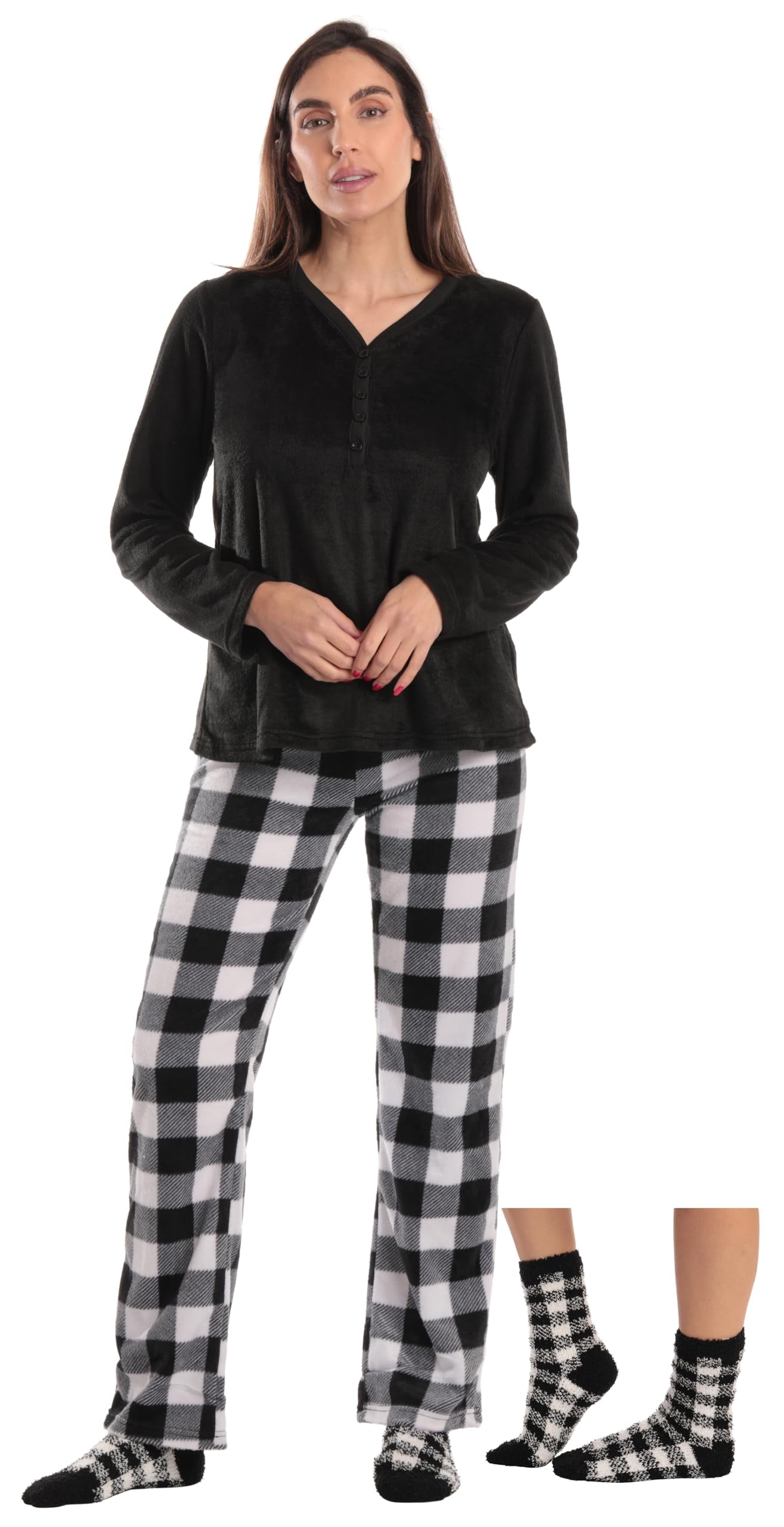 Just Love Henley Pants Set with Socks for Women 6732-10441-XL (White Black - Buffalo Plaid ...