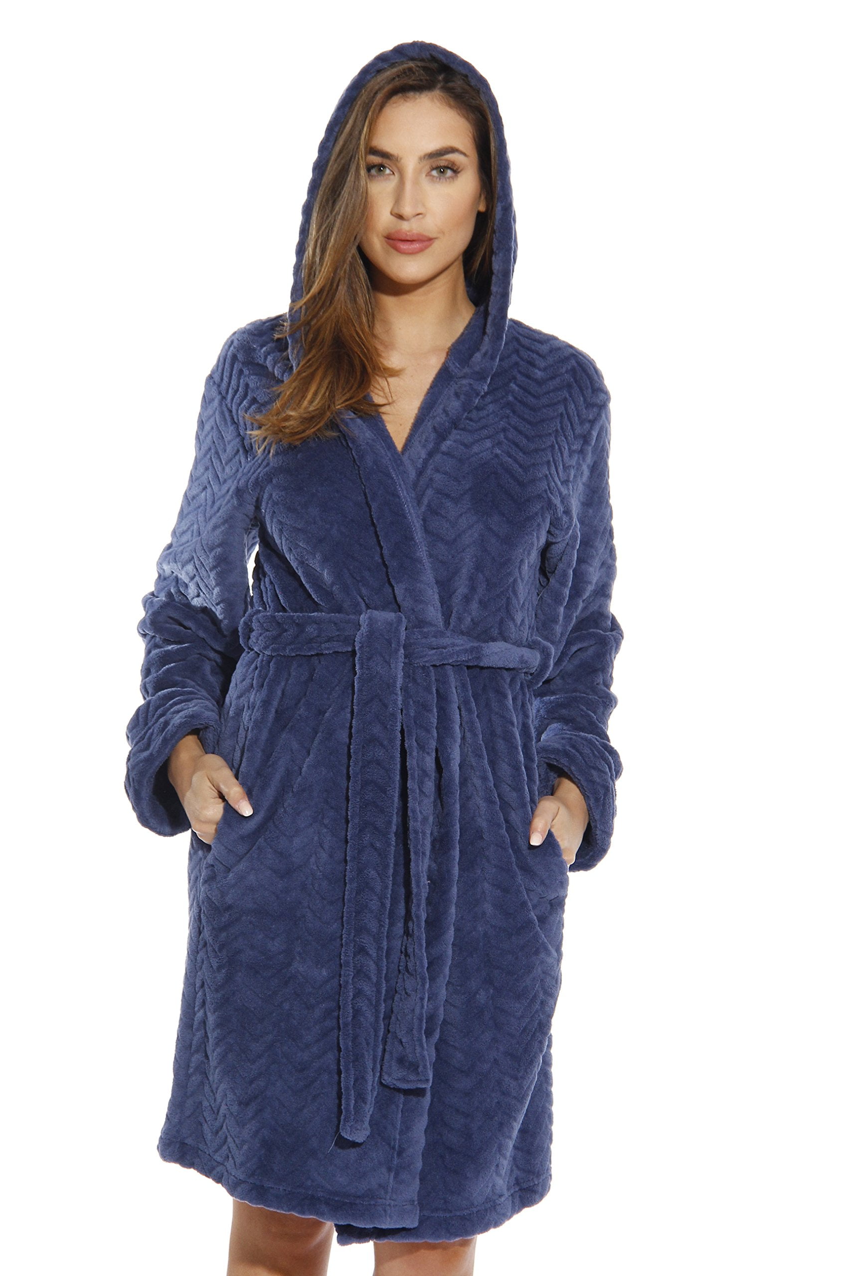 Just Love Hooded Velour Robe for Women with Sherpa Lined Hood (Navy ...