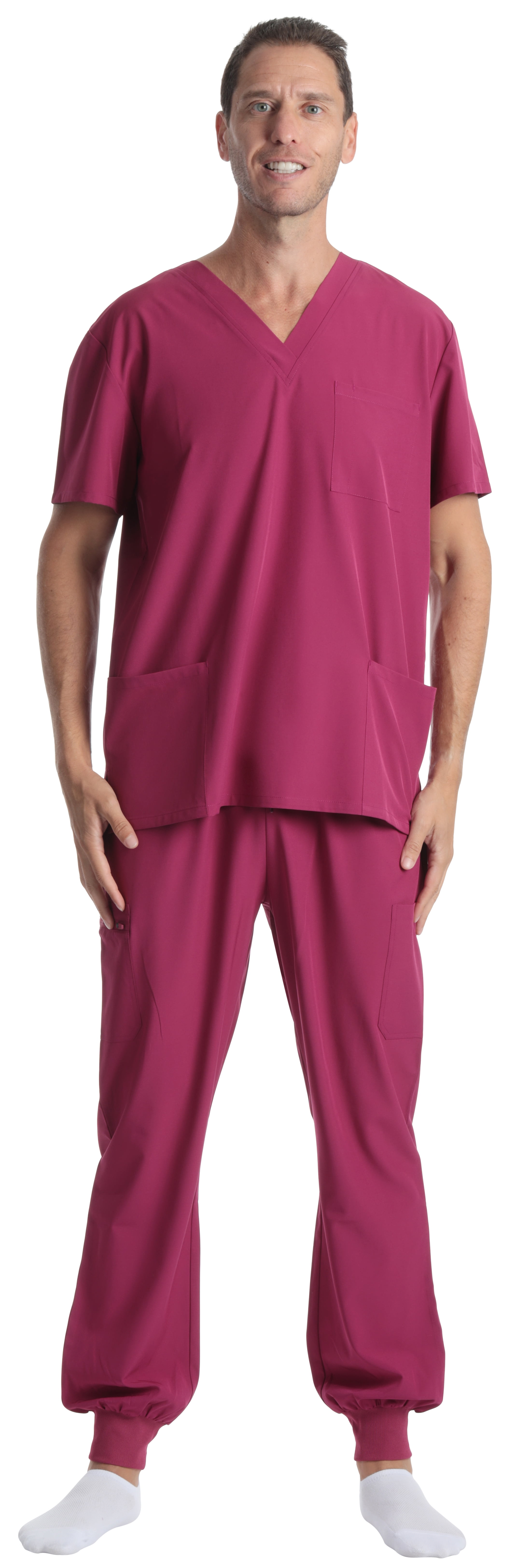 Just Love Men's 2-Piece V-Neck Medical Scrub Set (Burgundy Wrinkle Free ...