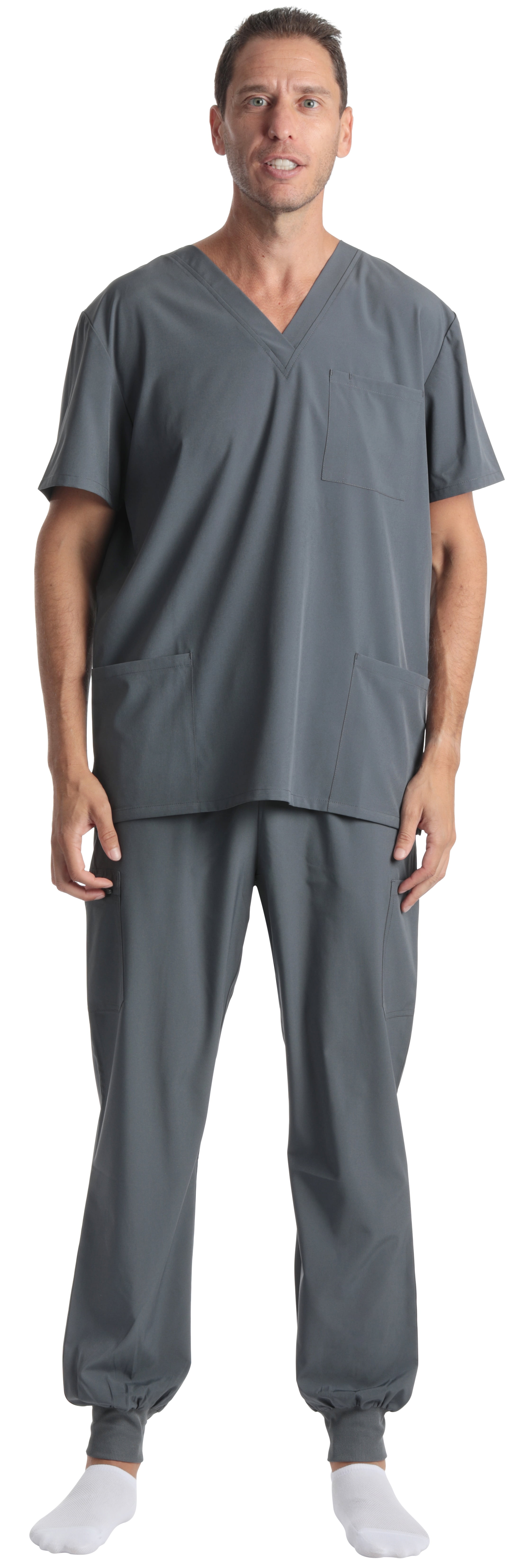 Just Love Men's 2-Piece V-Neck Medical Scrub Set (Dark Grey Wrinkle ...