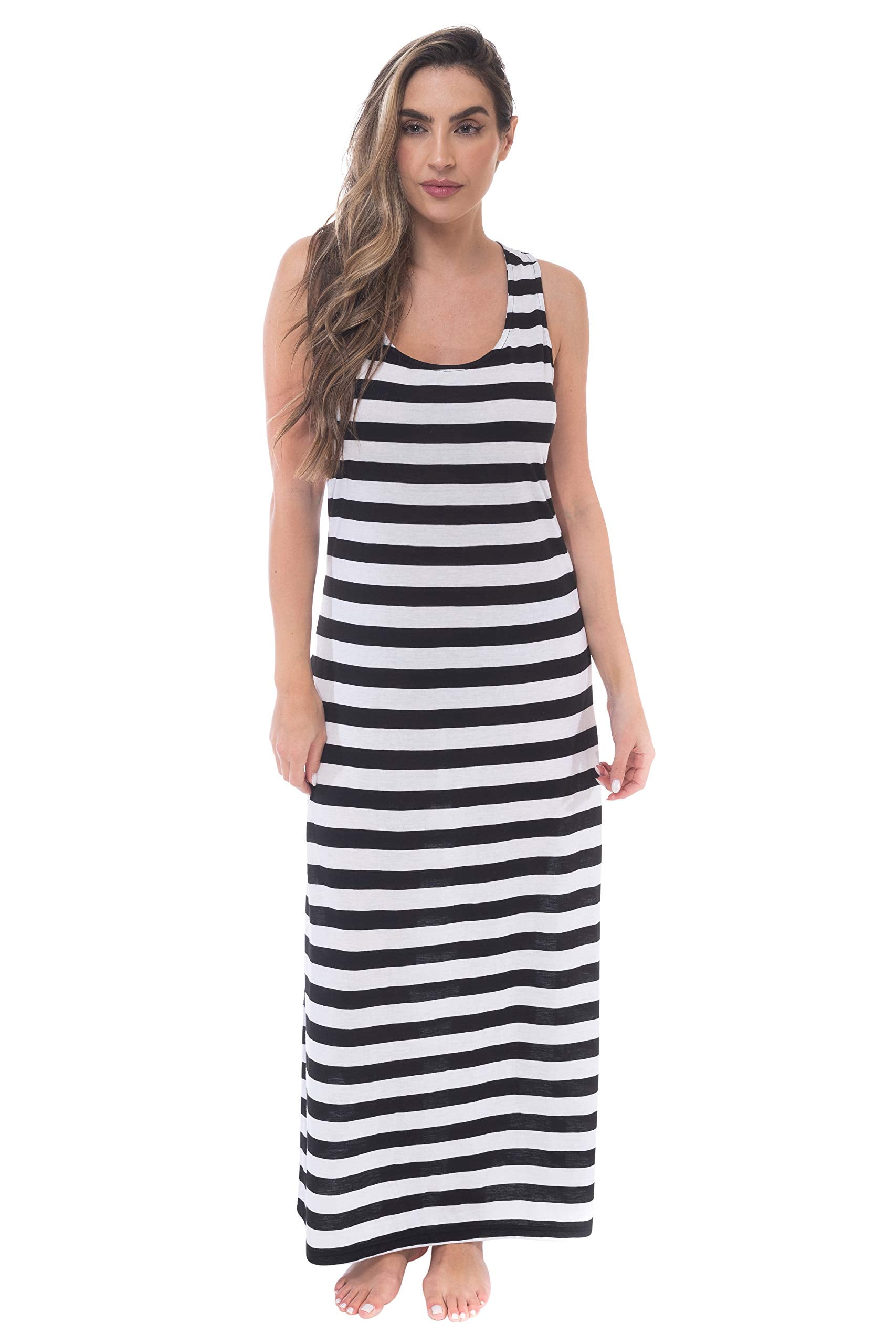 Just Love Racer Back Solid Tank Dress with Bungee (Black White Stripe ...