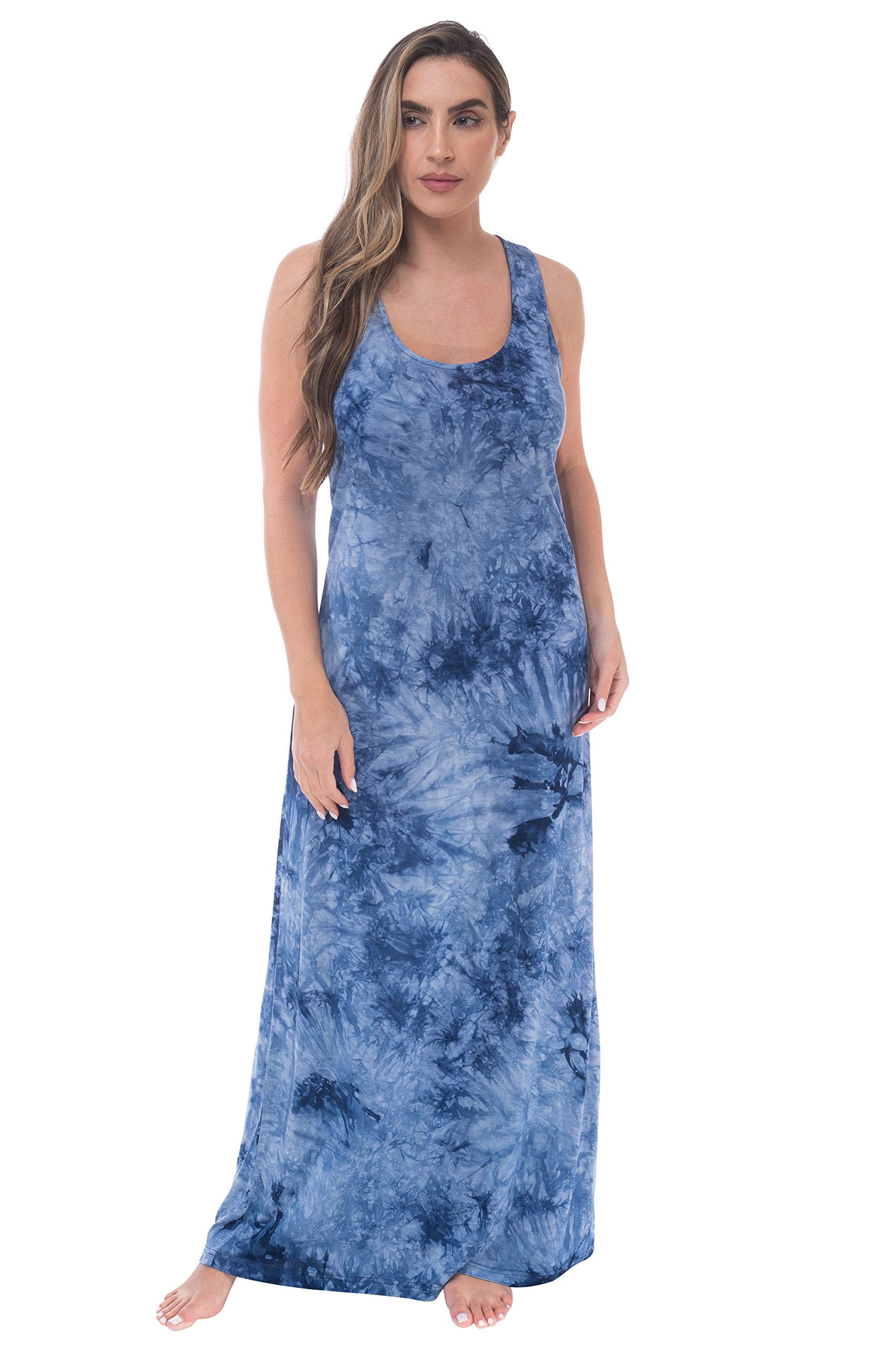 Just Love Racer Back Solid Tank Dress with Bungee (Navy Tie Dye Stripe ...