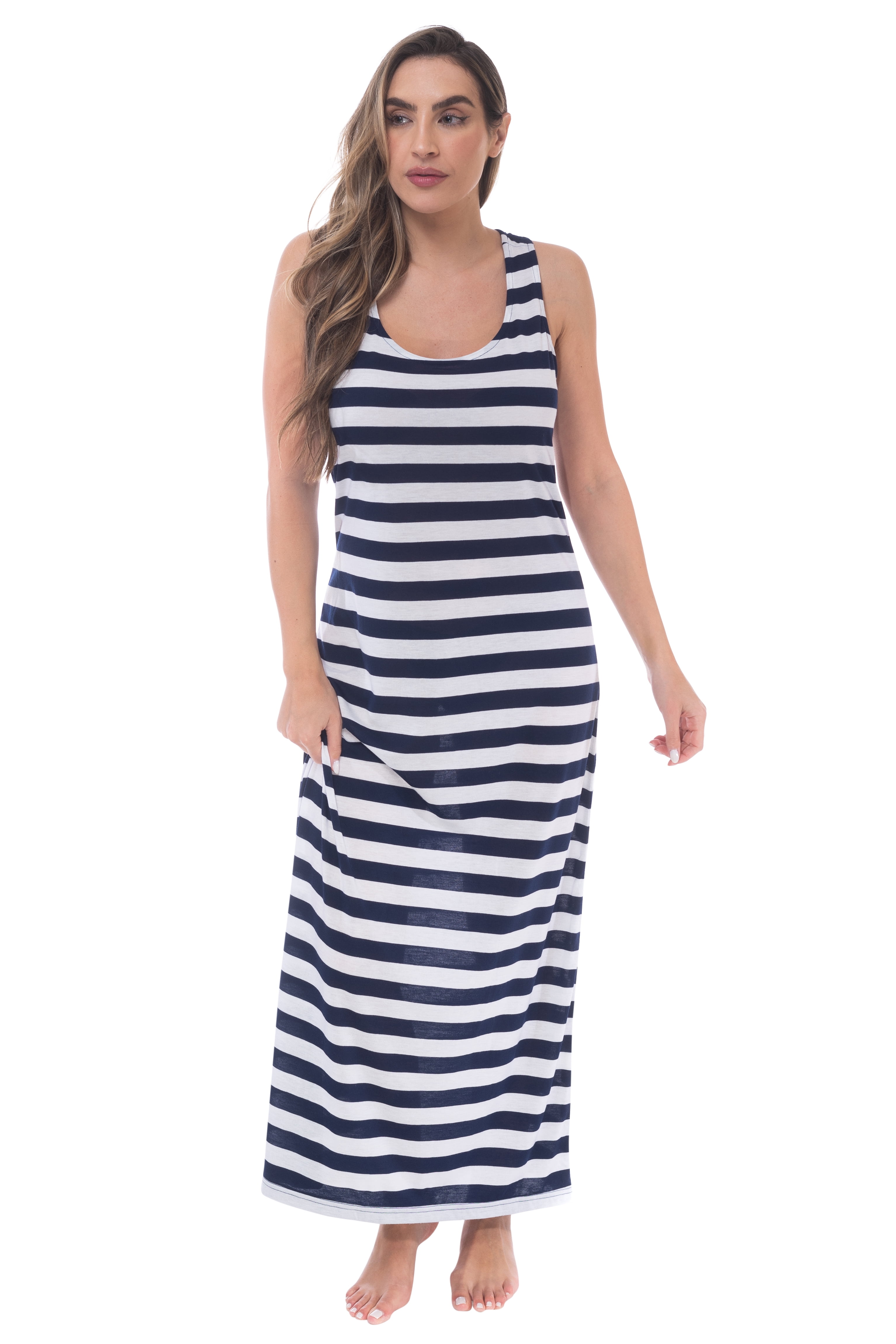 Just Love Racer Back Solid Tank Dress with Bungee (Navy White Stripe ...