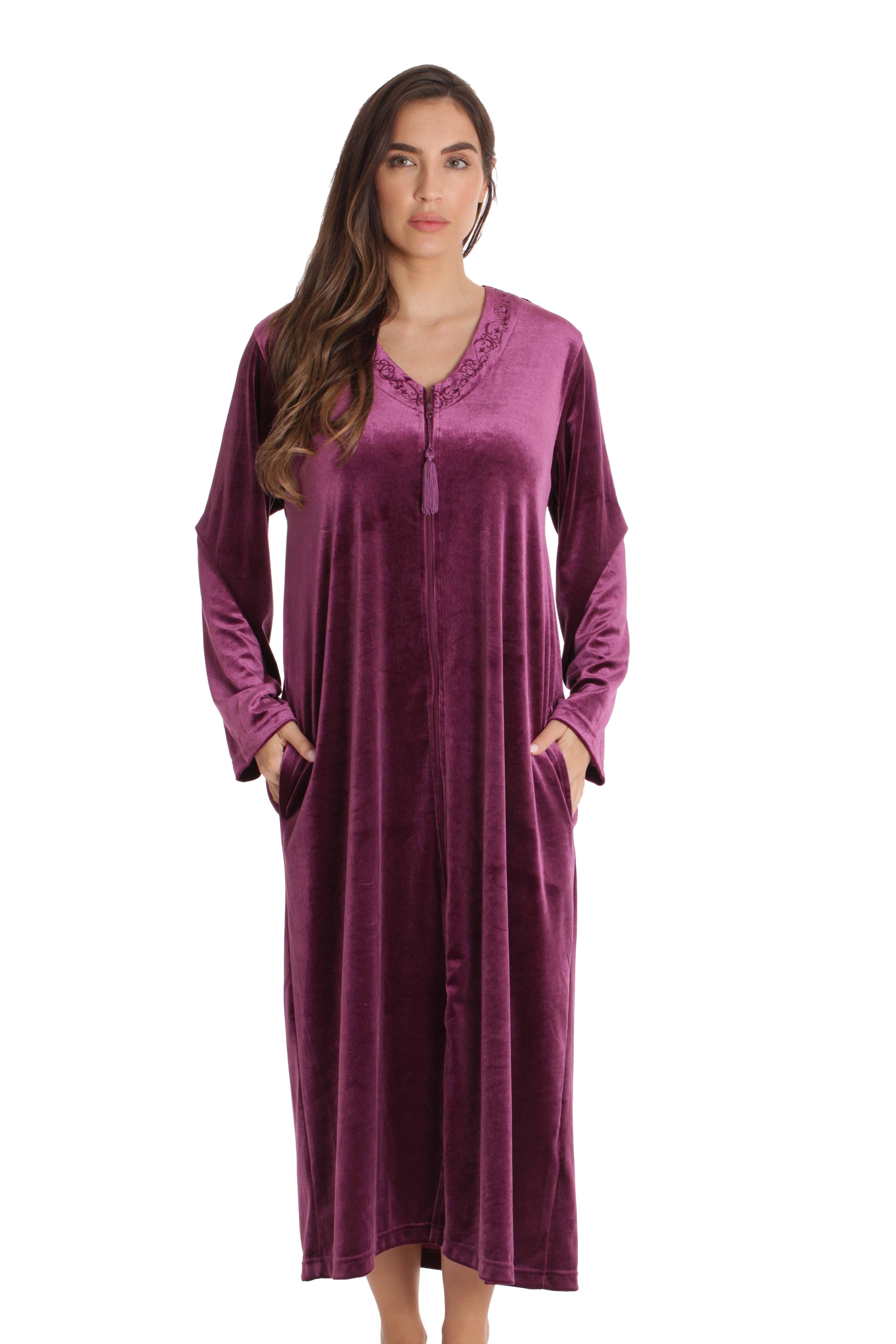 Just Love Stretch Velour Embroidered Zipper Lounger Robe for Women with ...