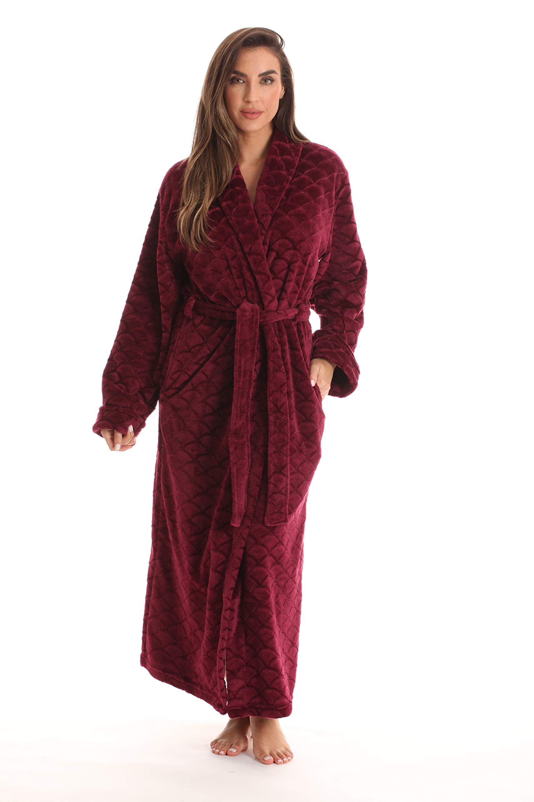 Just Love Velour Robe Bath Robes for Women Maxi Length (Burgundy, 1X ...