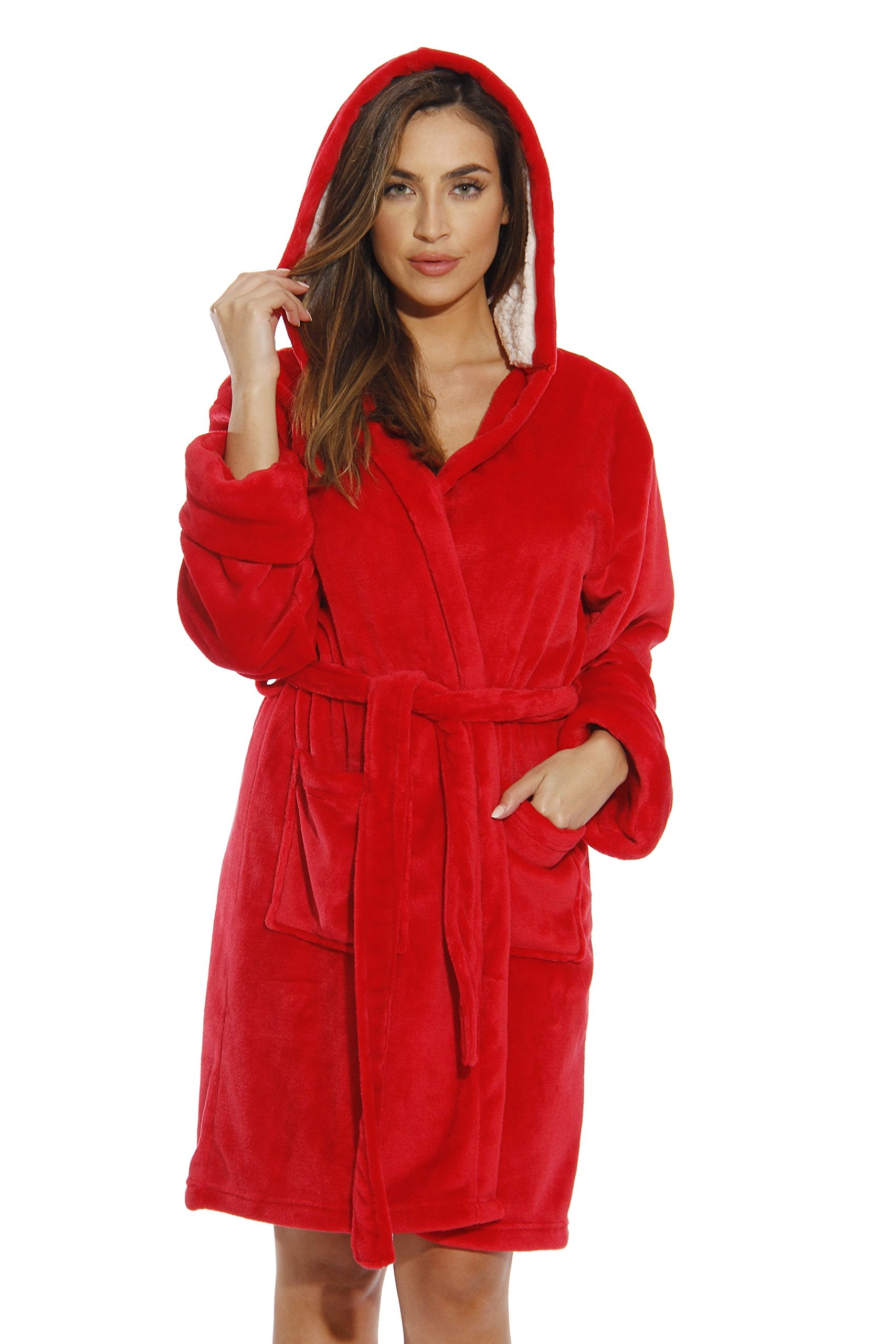 Just Love Women's Hooded Velour Robe with Lined Hood and Pockets (Red ...