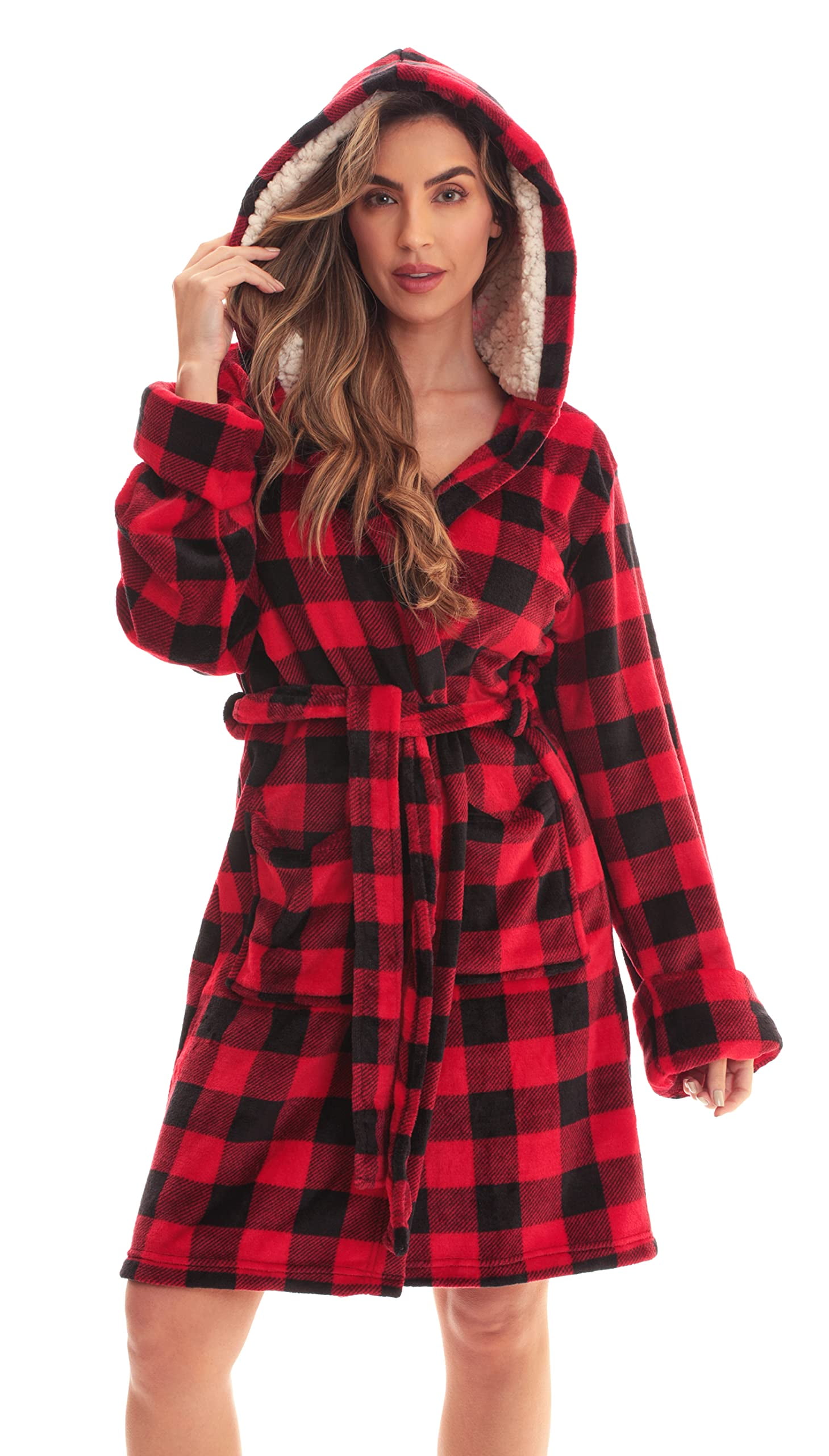 Just Love Women's Hooded Velour Robe with Lined Hood and Pockets (Red ...