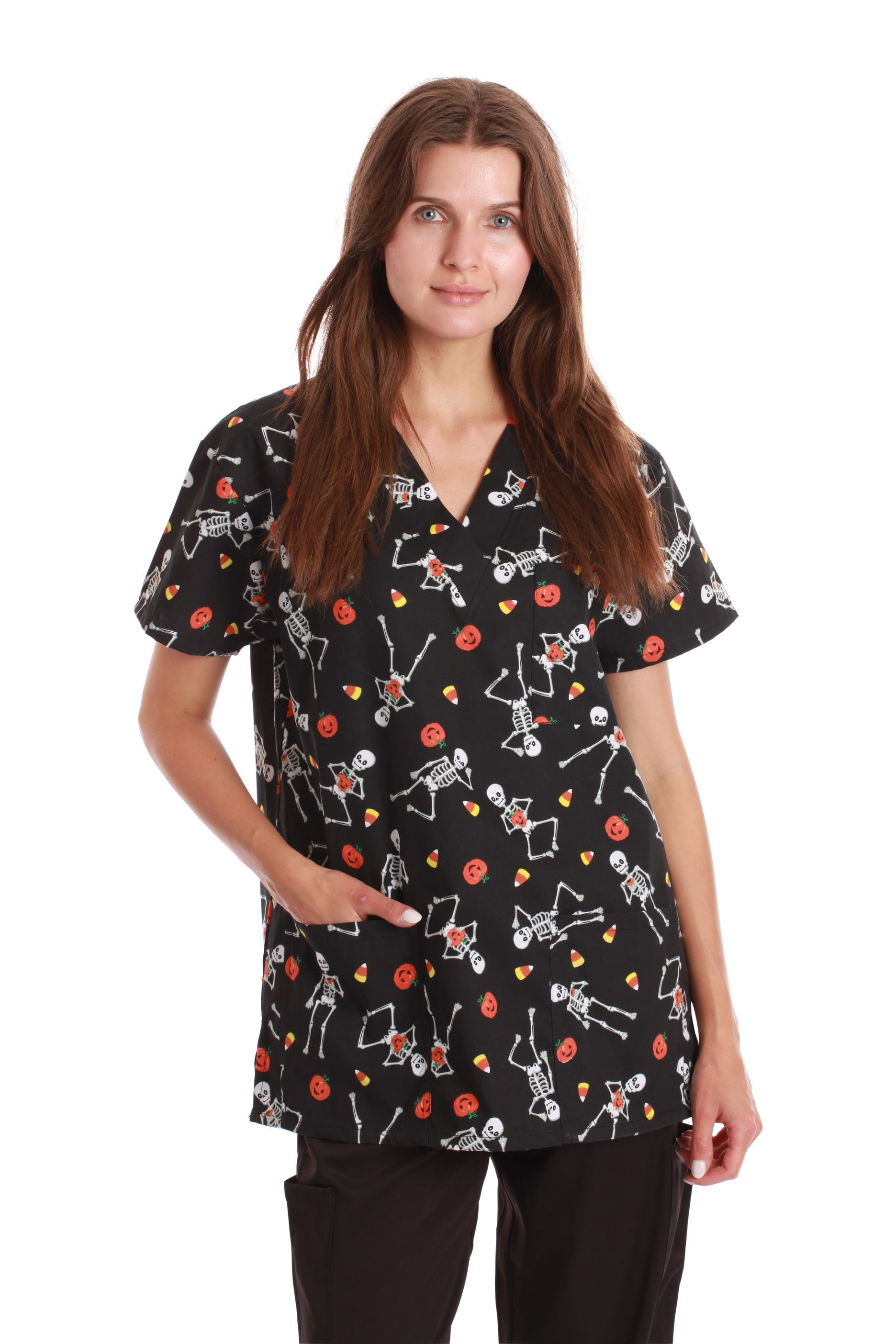 Just Love Women's Medical V-Neck Scrub Tops (Black - Skeleton Candycorn ...