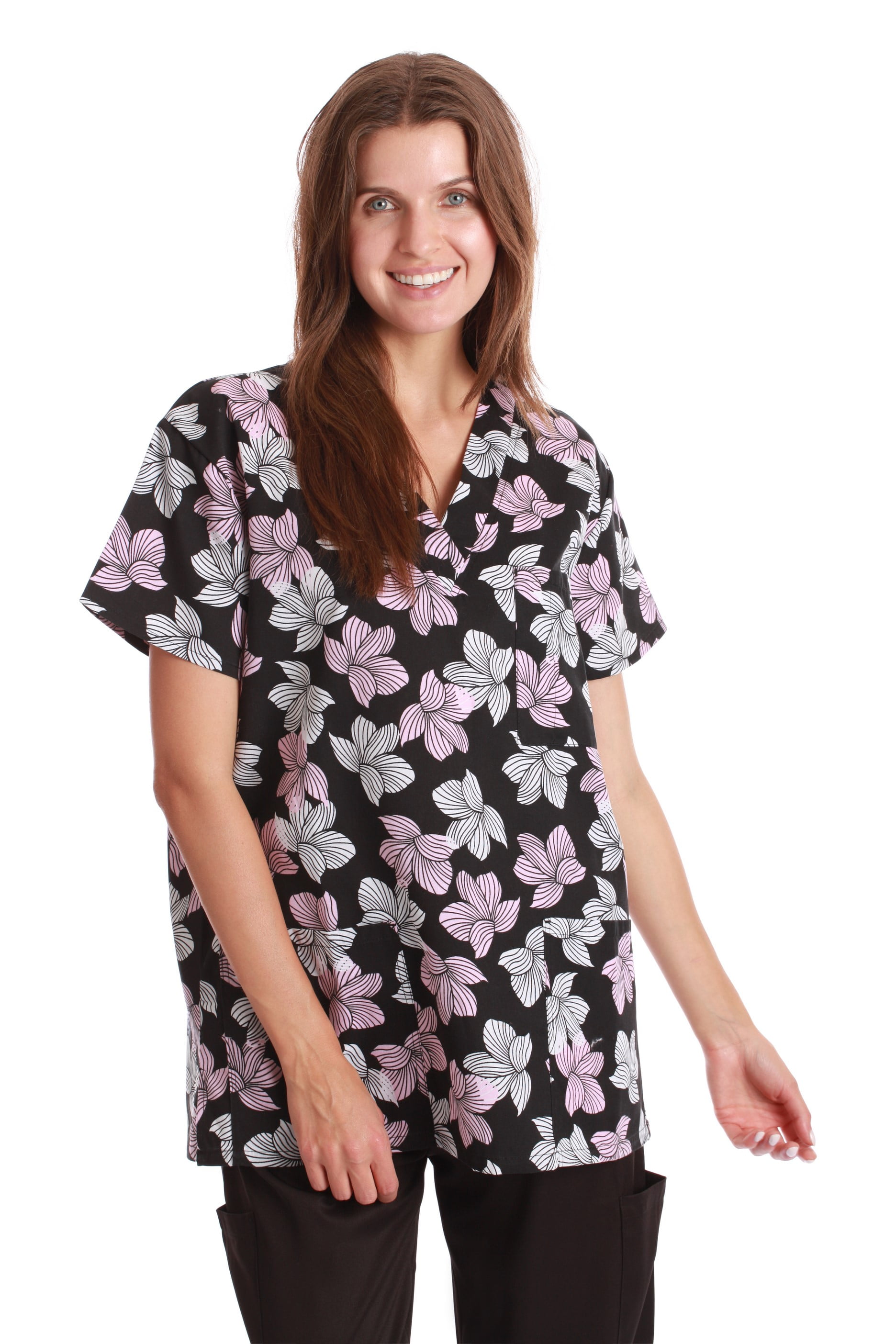 Just Love Women's Medical V-Neck Scrub Tops (Black - Windblown Floral ...