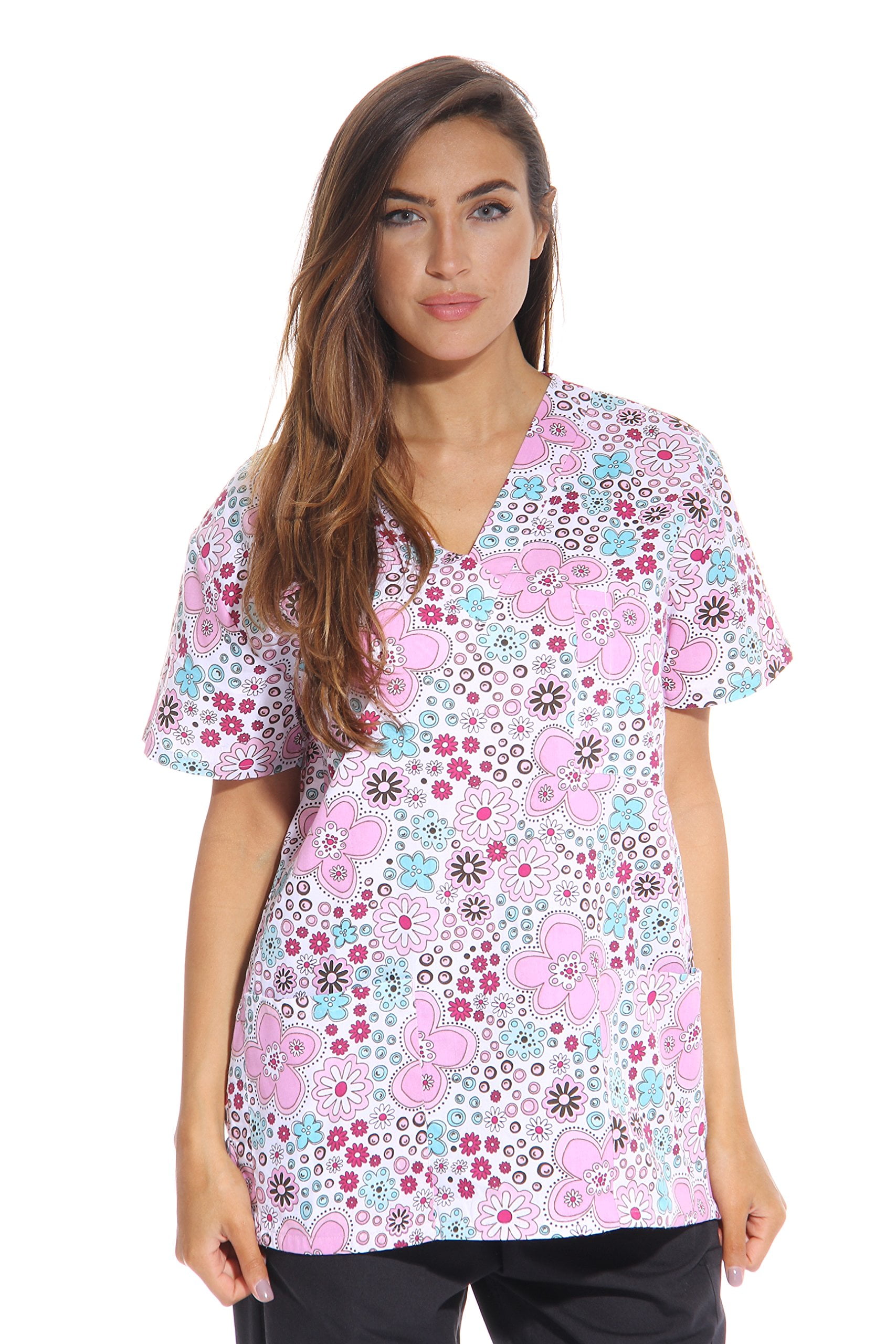 Just Love Women's Medical V-Neck Scrub Tops (White Flower, Small ...